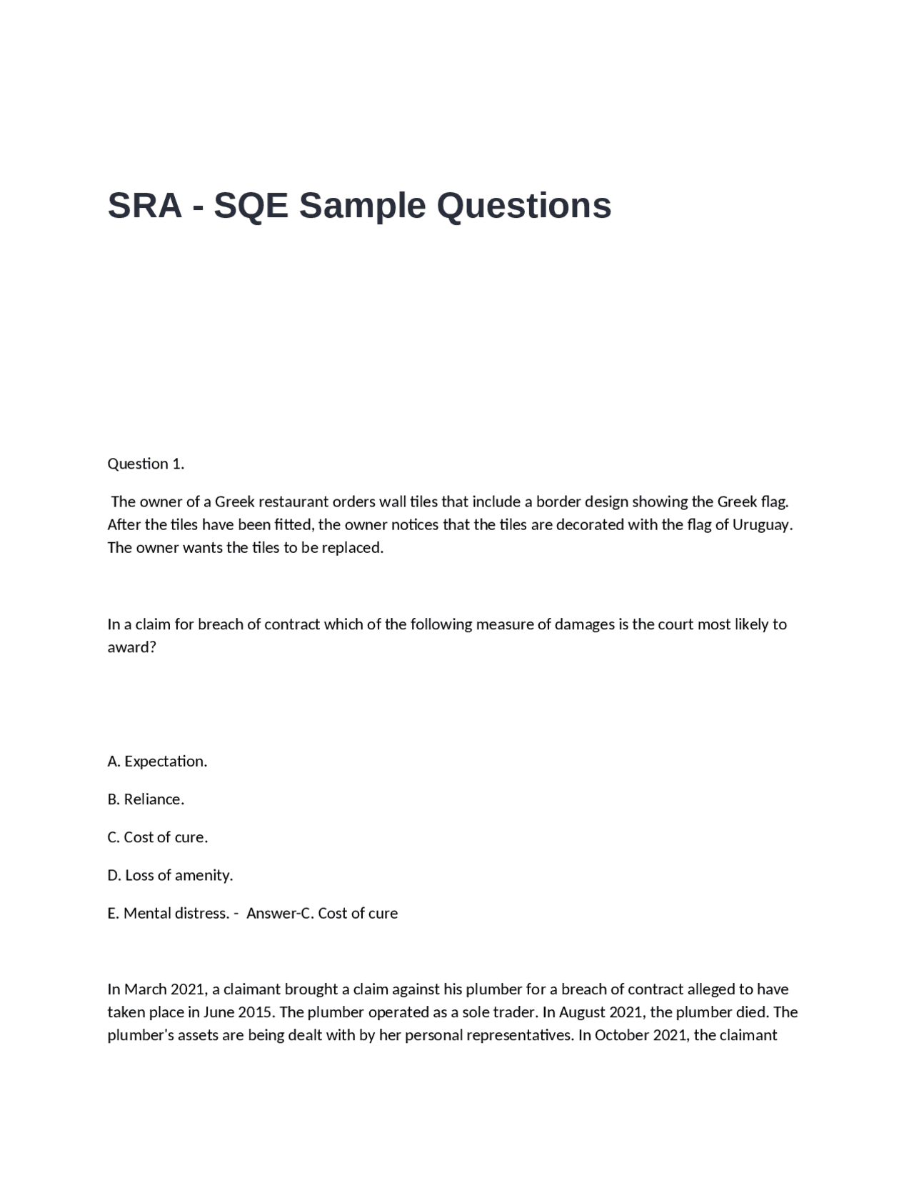 SRA - SQE Sample Questions: Contract Law, Tort Law, and Company Law ...
