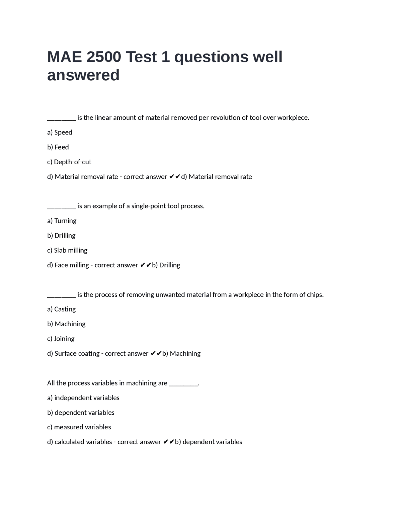 MAE 2500 Test 1 Questions and Answers: Manufacturing Processes and ...