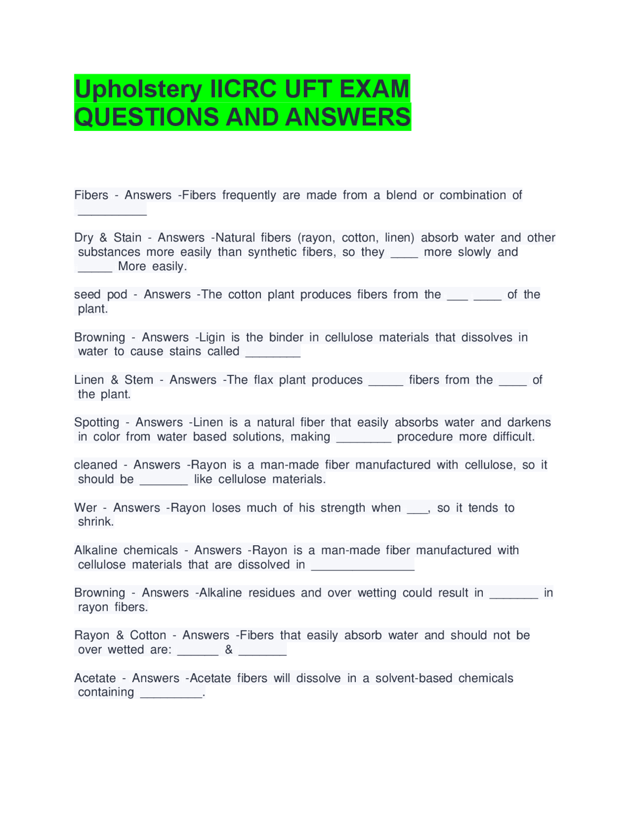 Upholstery IICRC UFT Exam: Questions and Answers | Exams Advanced ...