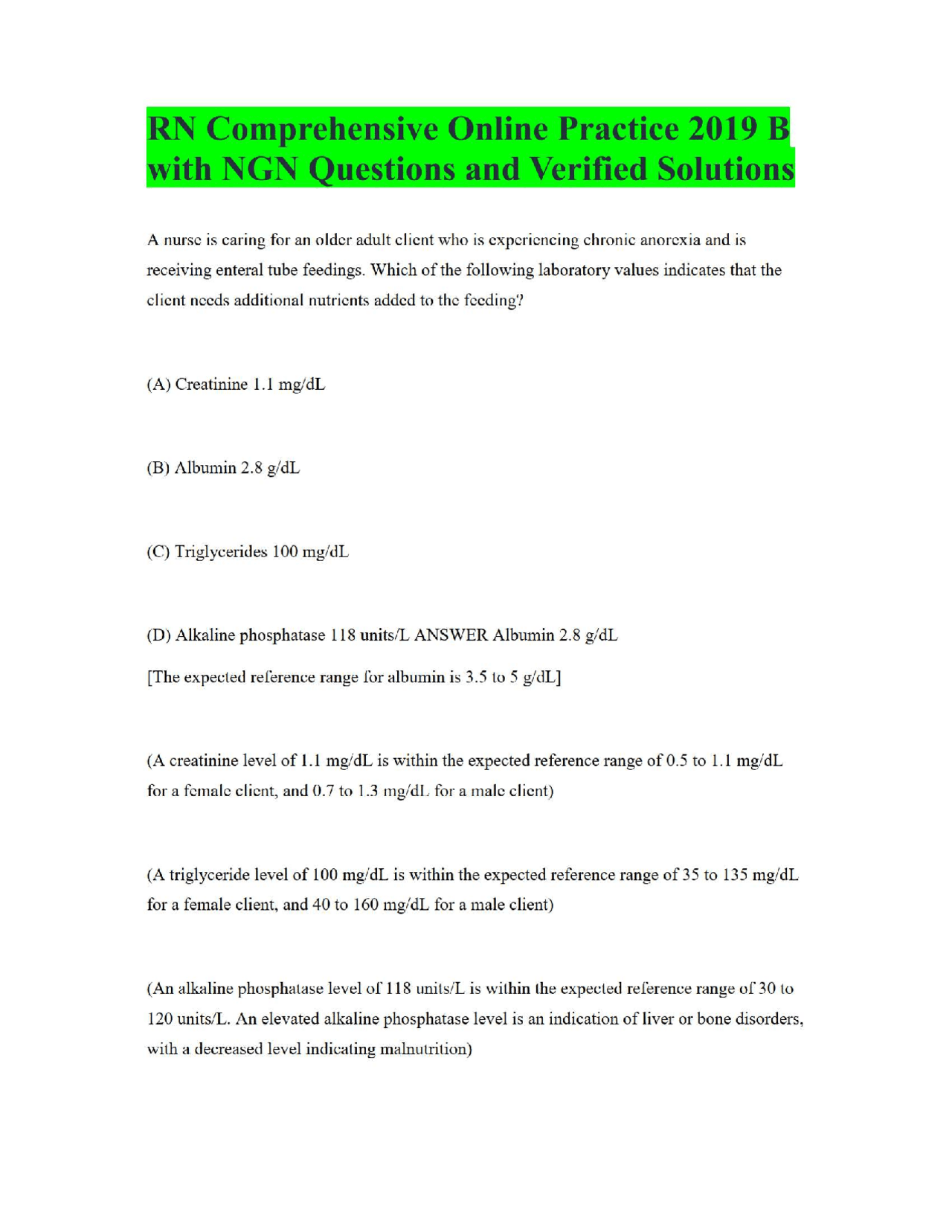 RN Comprehensive Online Practice 2019 B with NGN Questions and Verified ...
