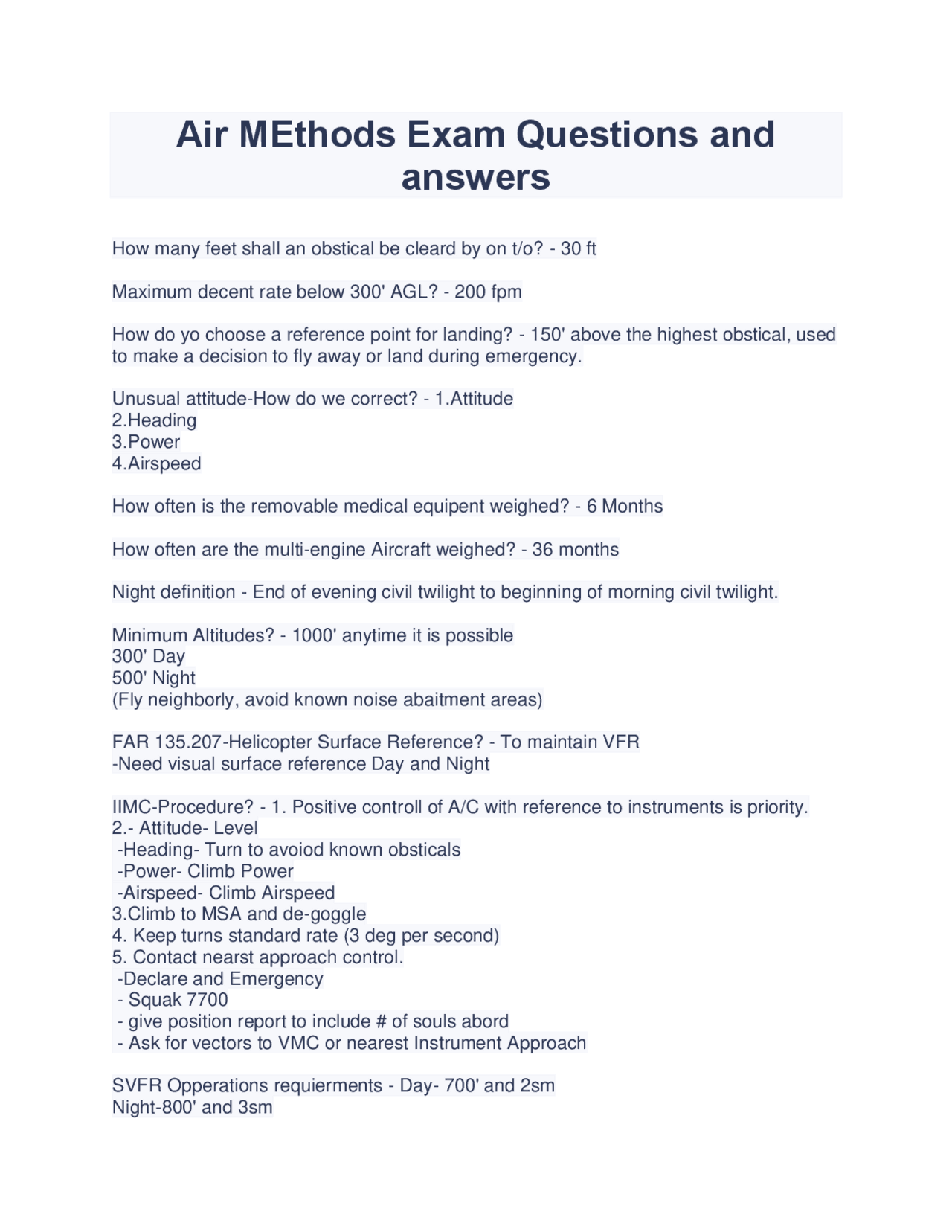 Air Methods Exam Questions and Answers: Aviation Safety and Operations ...
