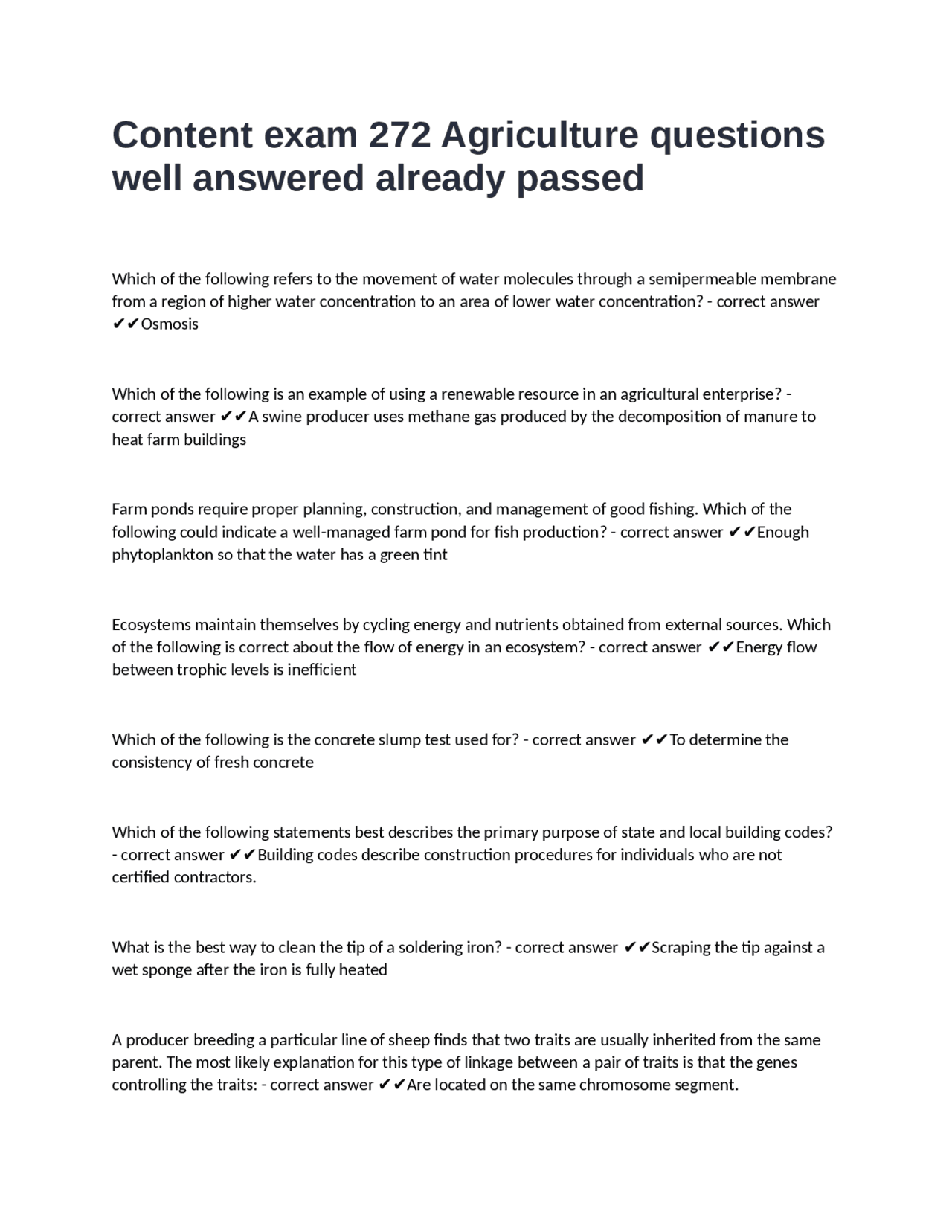 Agriculture Exam Questions and Answers | Exams Nursing | Docsity