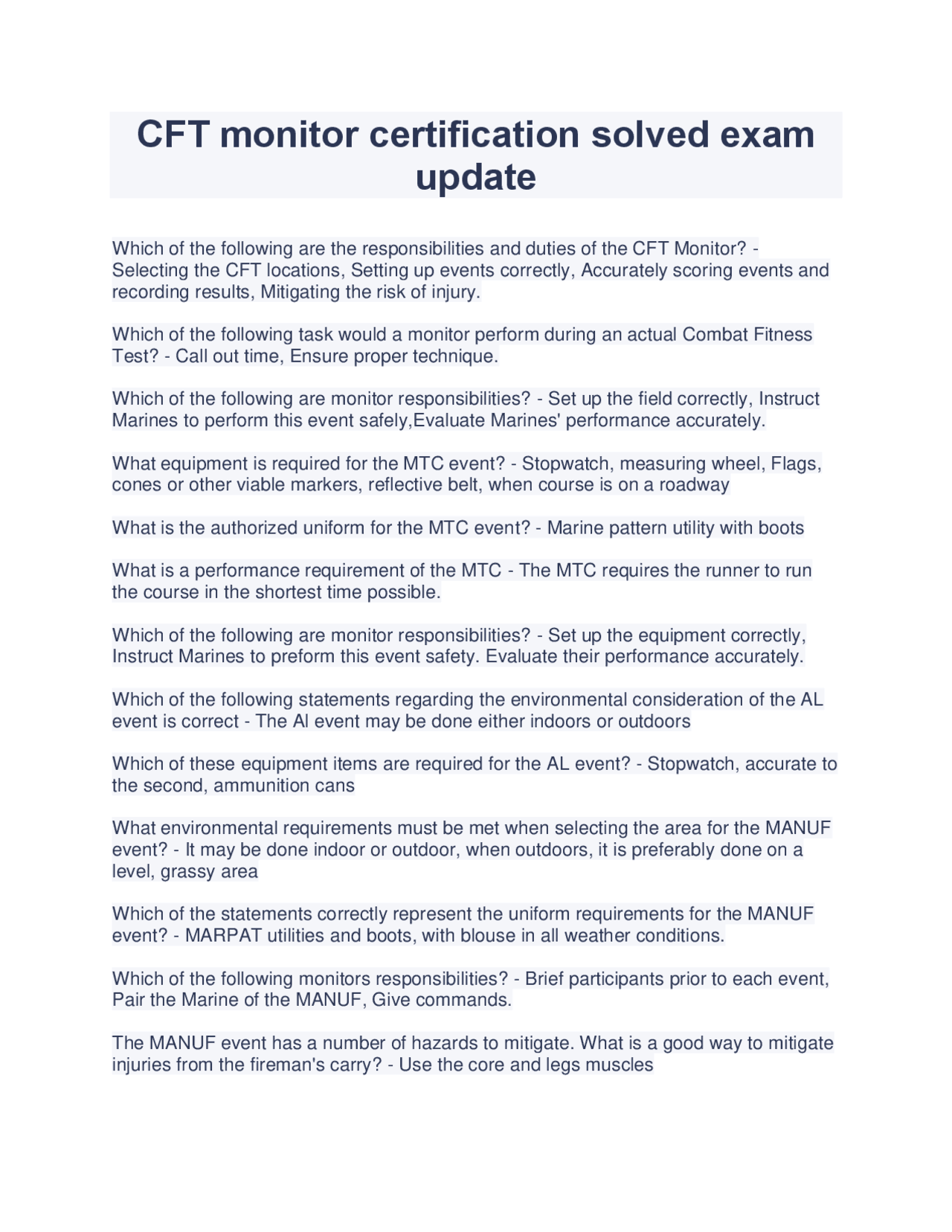 CFT Monitor Certification Solved Exam: Questions and Answers | Exams Advanced Education | Docsity