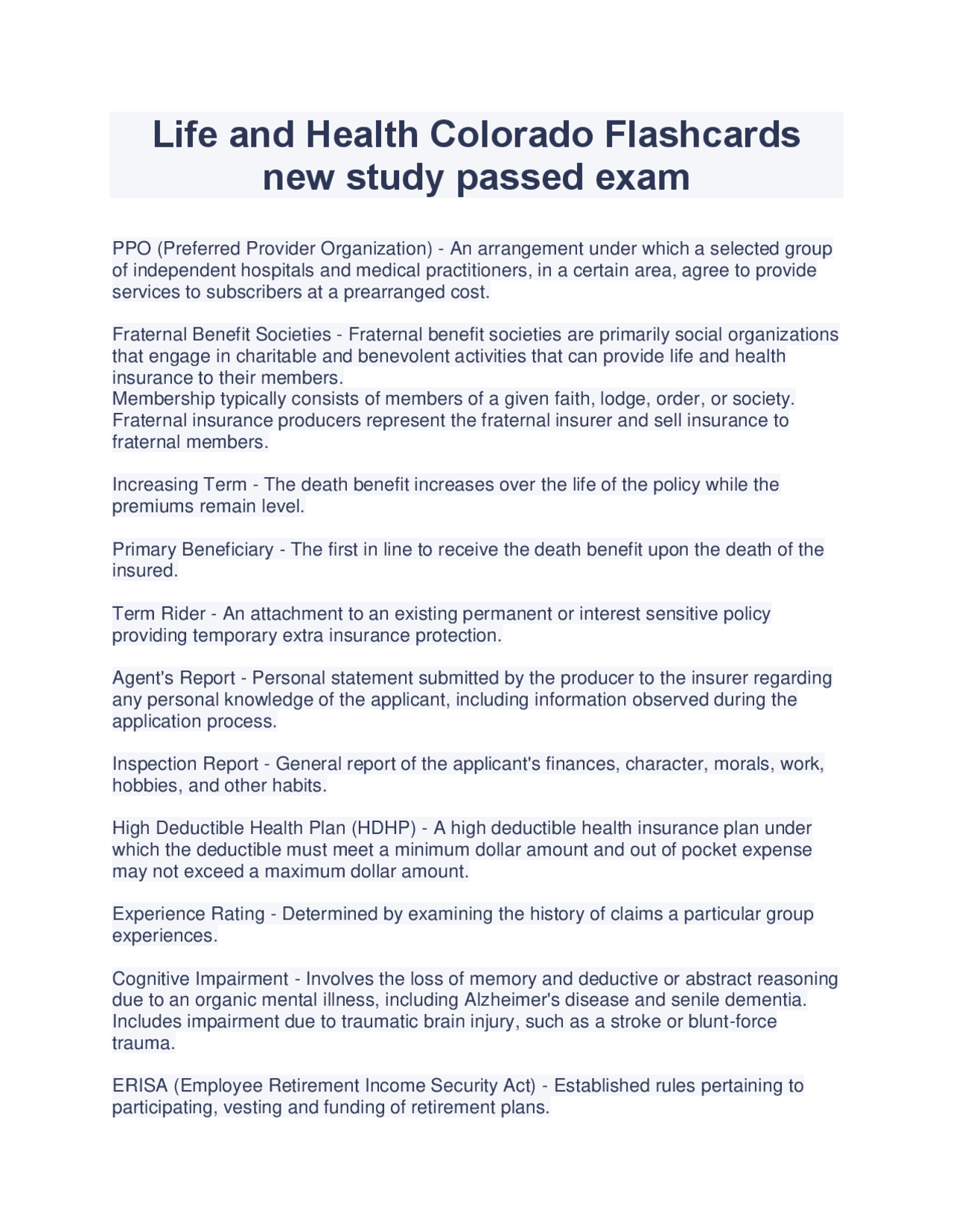 Life and Health Insurance Terms: Definitions and Explanations | Exams Advanced Education | Docsity