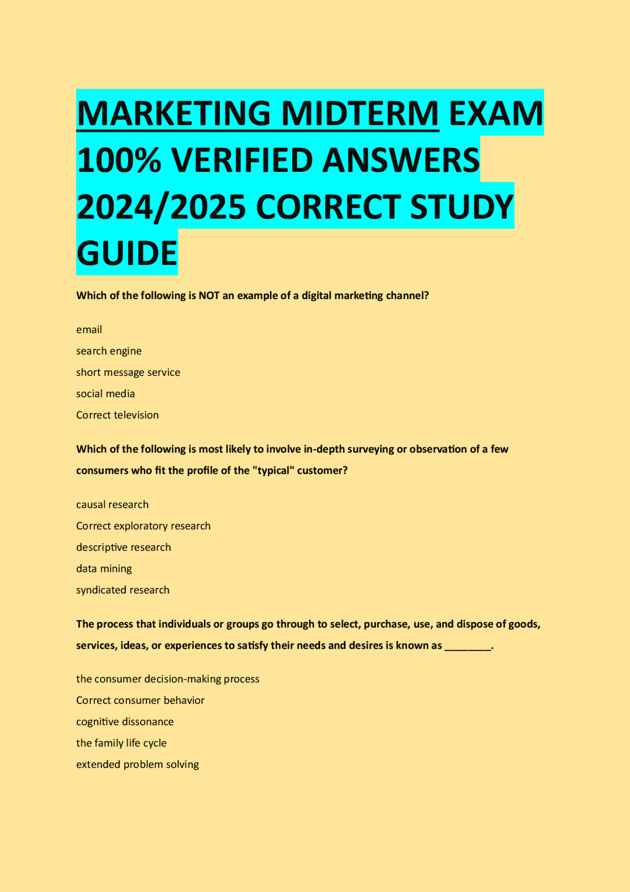 MARKETING MIDTERM EXAM 100% VERIFIED ANSWERS 2024/2025 CORRECT STUDY ...