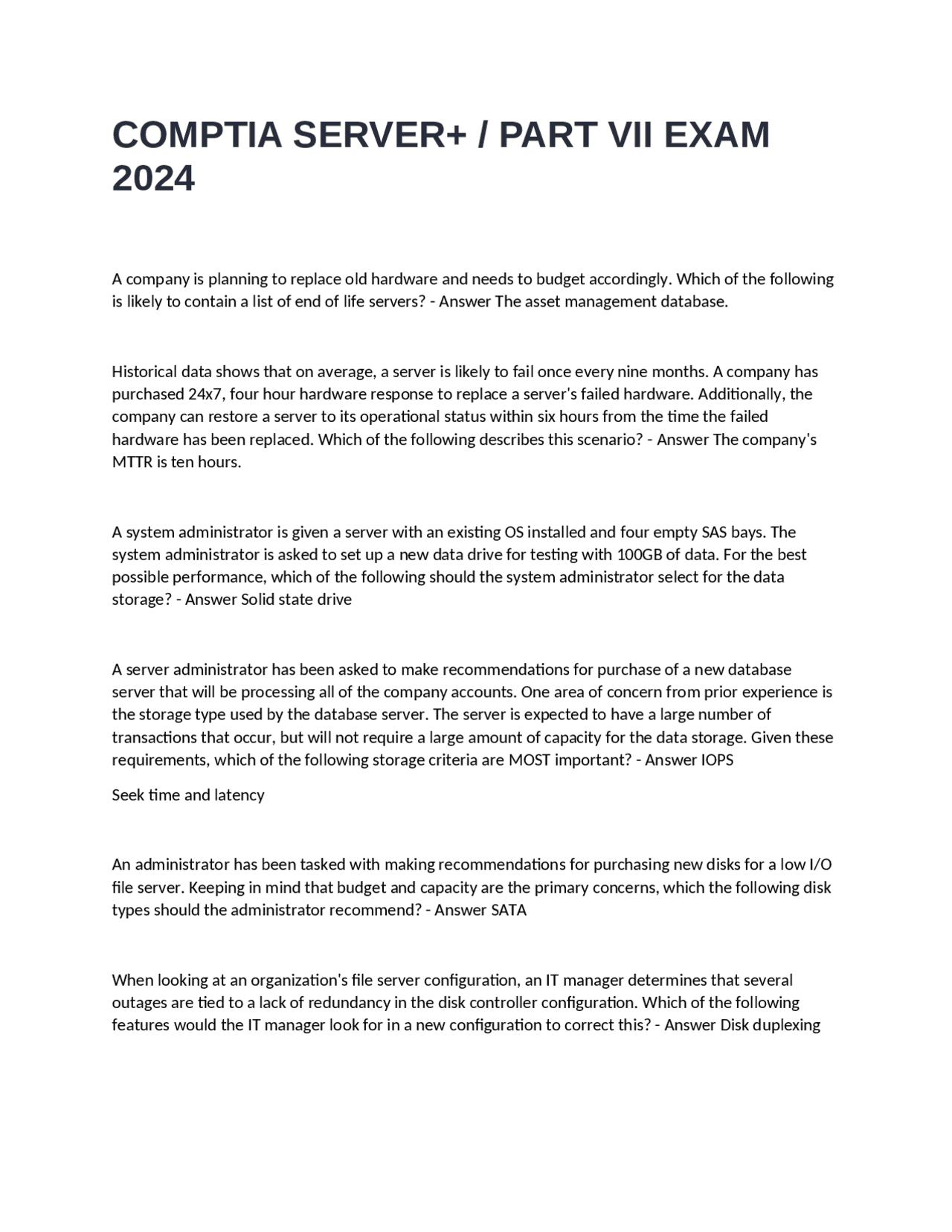 COMPTIA SERVER+ / PART III EXAM 2024 | Exams Computer Science | Docsity