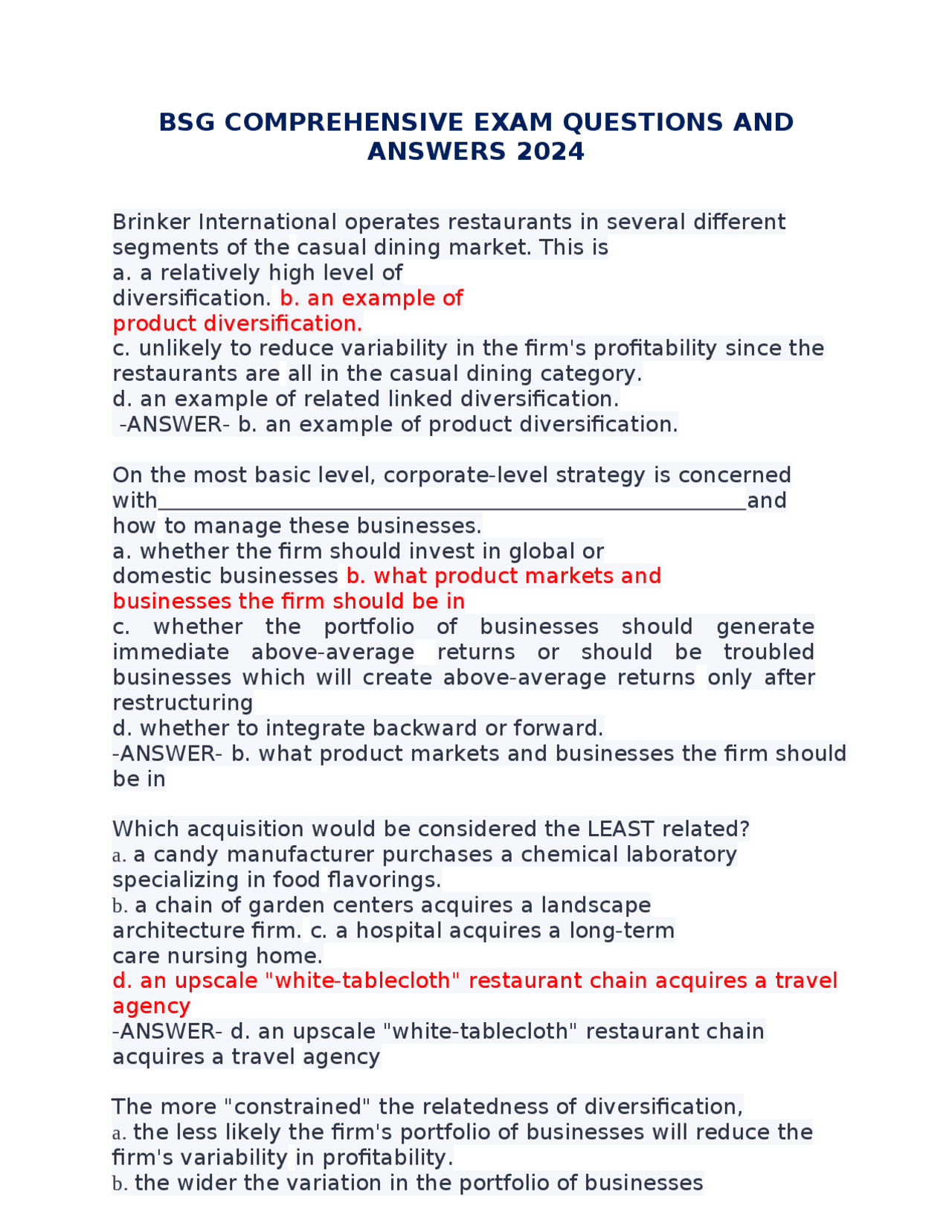BSG Comprehensive Exam Questions and Answers 2024: Business Strategy ...