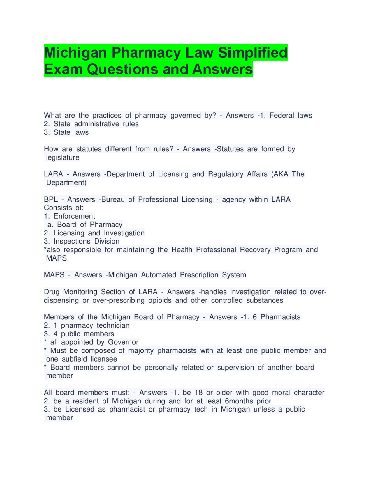 Michigan Pharmacy Law Simplified Exam Questions and Answers | Exams ...