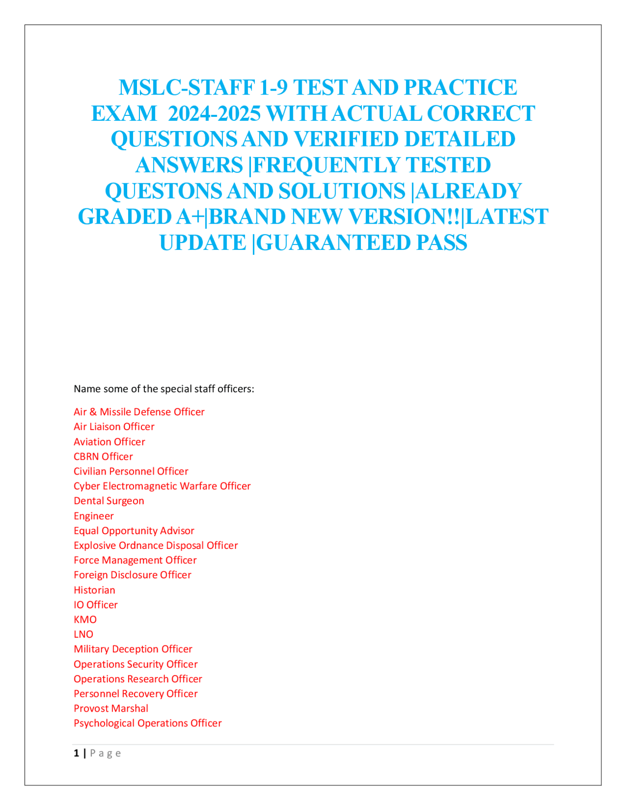 MSLC-STAFF 1-9 TEST AND PRACTICE EXAM | Exams Military leadership | Docsity