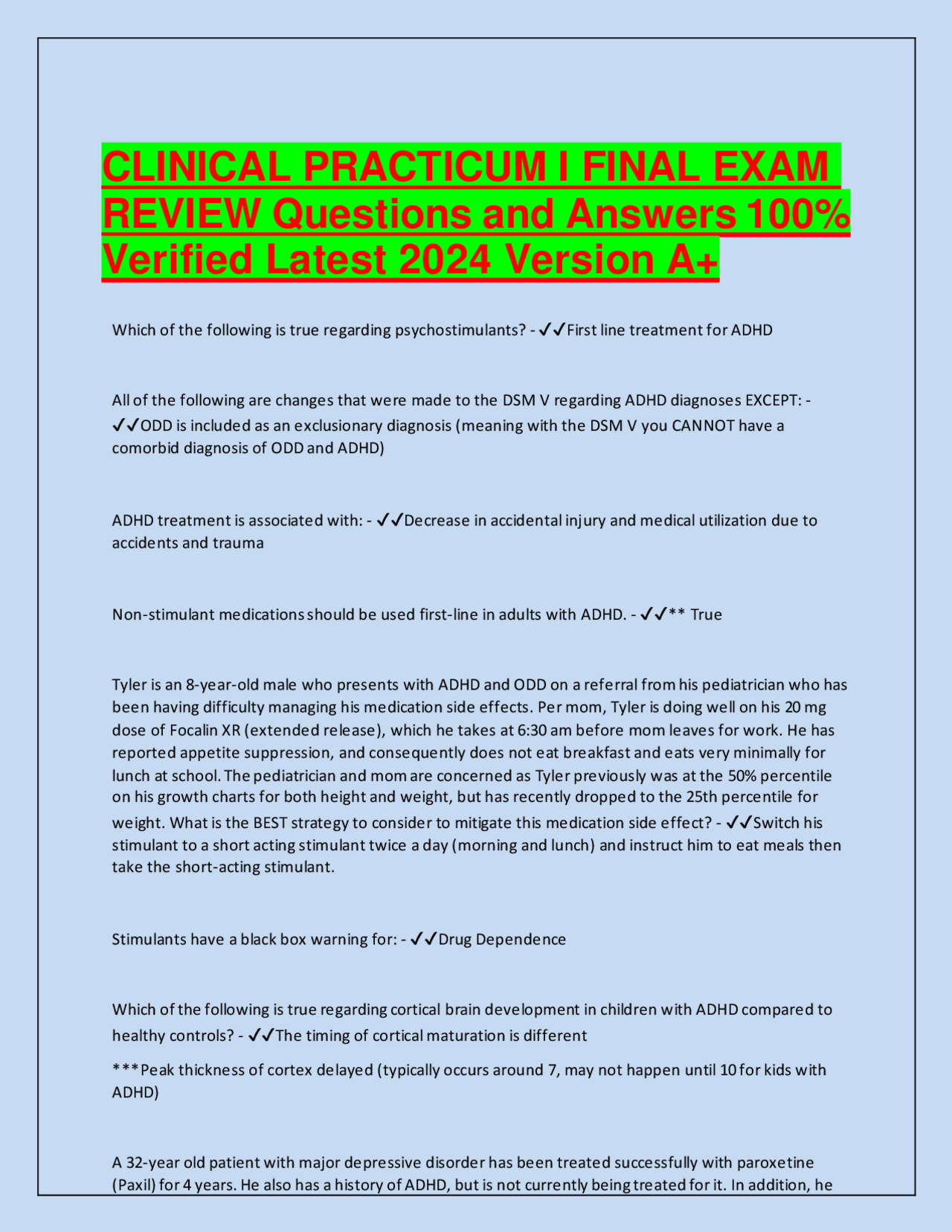 Clinical Practicum I Final Exam Review Questions and Answers | Exams ...