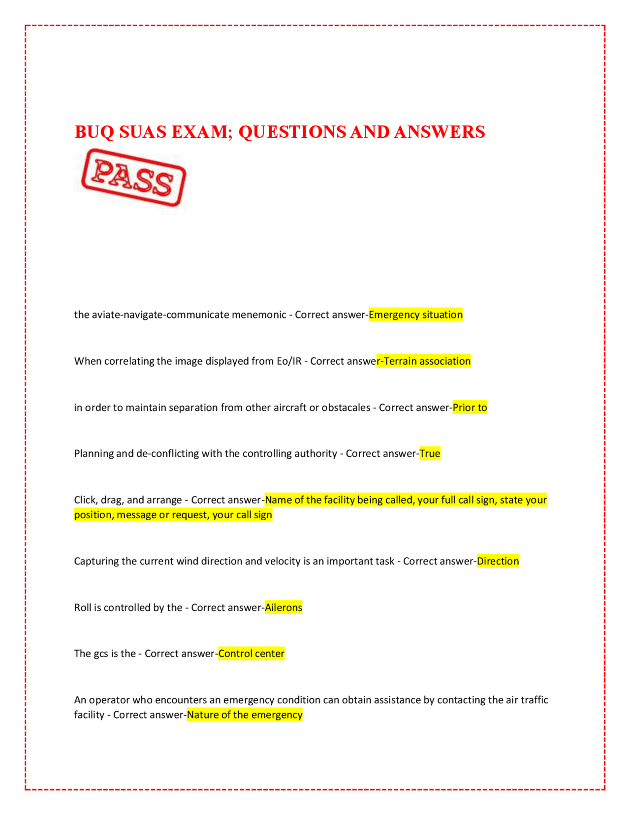 BUQ SUAS EXAM; QUESTIONS AND ANSWERS | Exams Aviation | Docsity