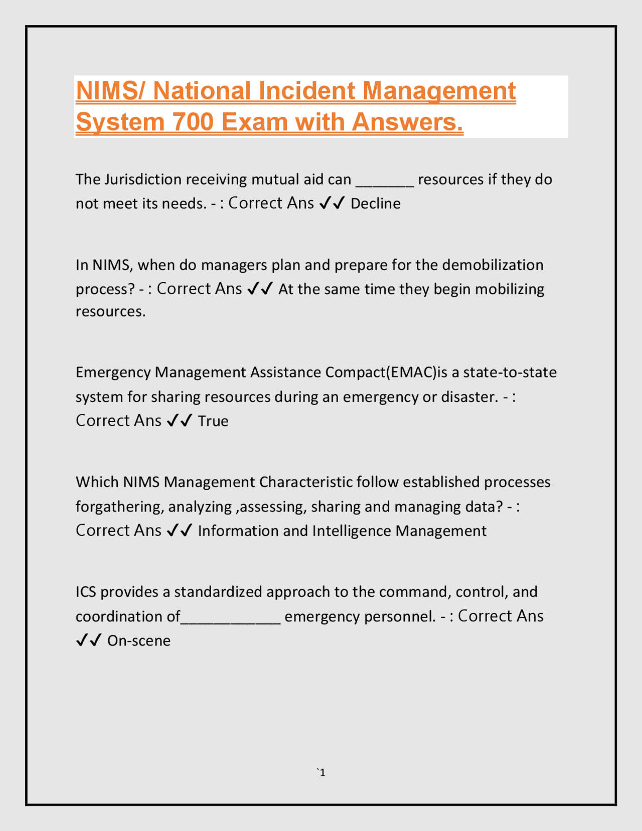 NIMS/ National Incident Management System 700 Exam with Answers ...
