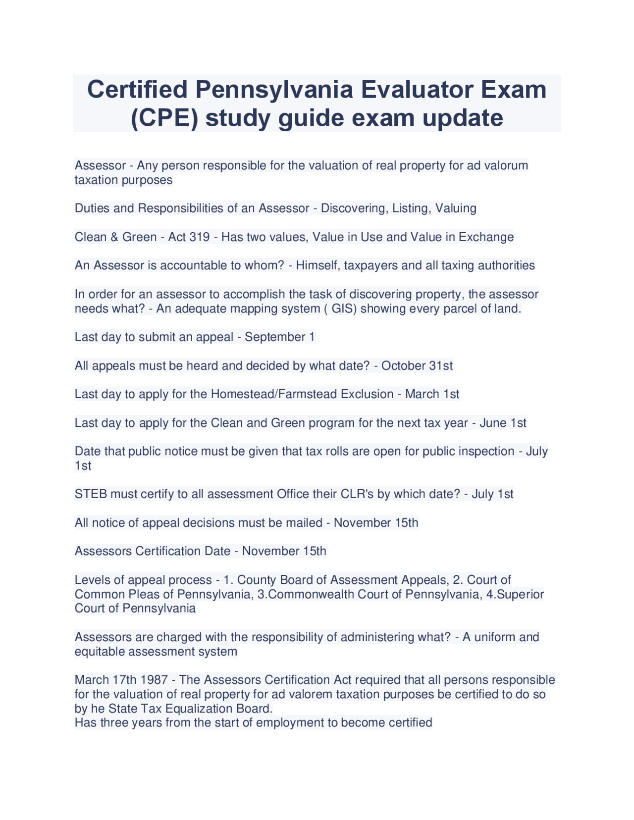 Certified Pennsylvania Evaluator Exam (CPE) Study Guide | Exams Advanced Education | Docsity
