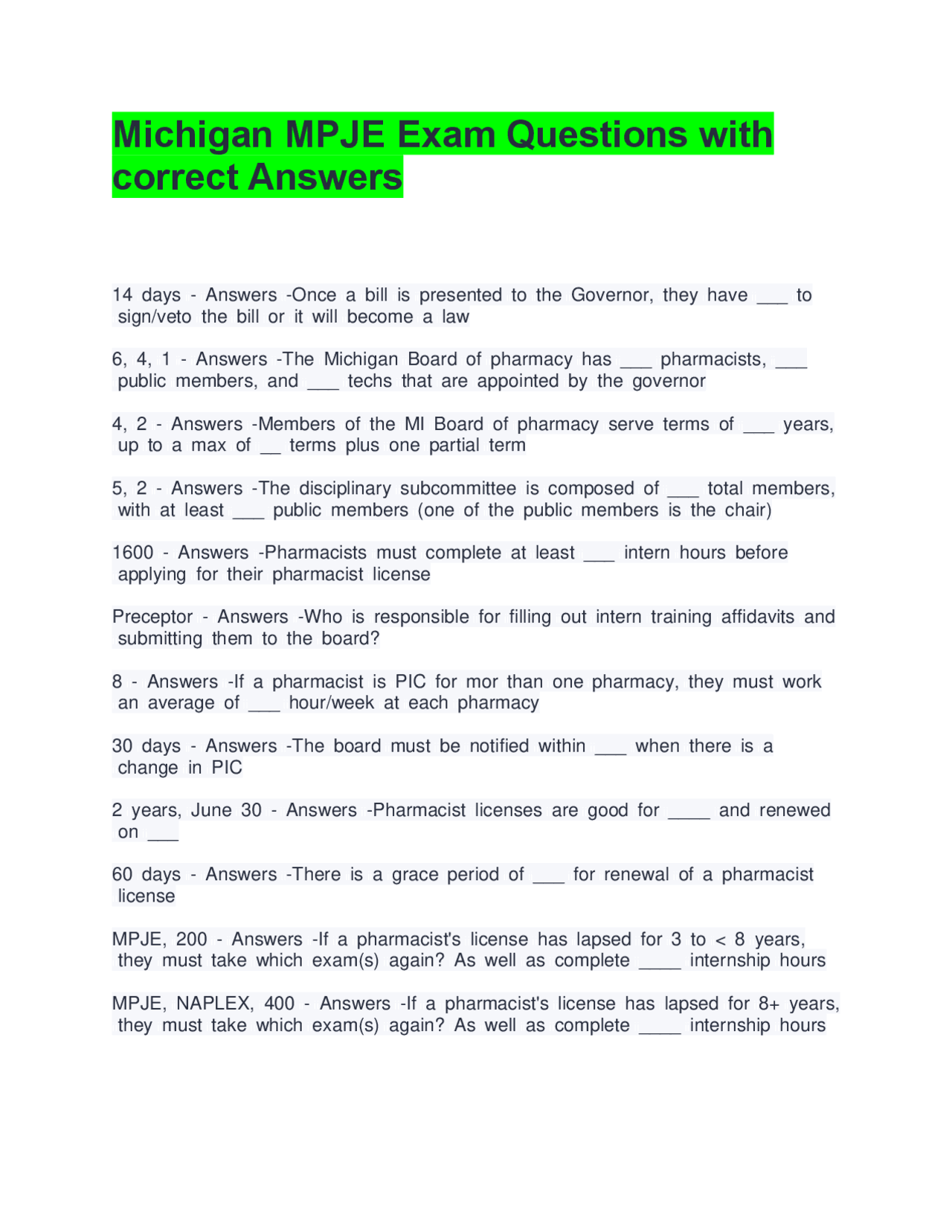 Michigan MPJE Exam Questions and Answers | Exams Nursing | Docsity