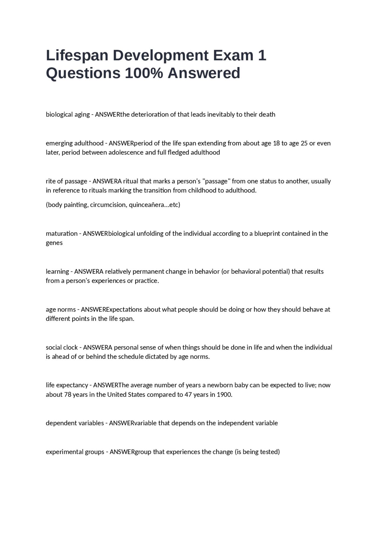 Lifespan Development Exam 1 Questions 100% Answered | Exams Psychology ...