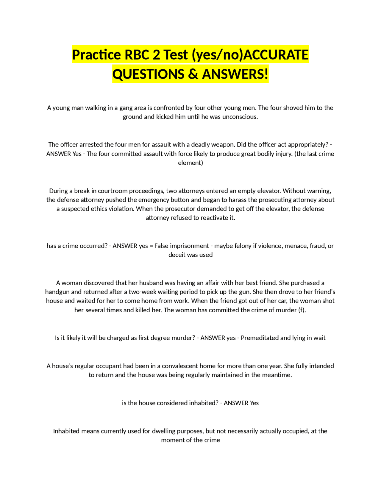 Practice RBC 2 Test: Criminal Law Scenarios and Answers | Exams Nursing ...