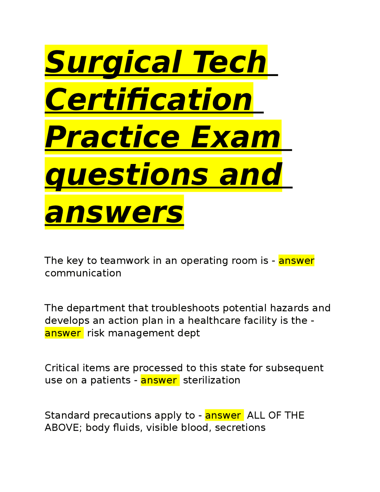 Surgical Tech Certification Practice Exam questions and answers.docx ...