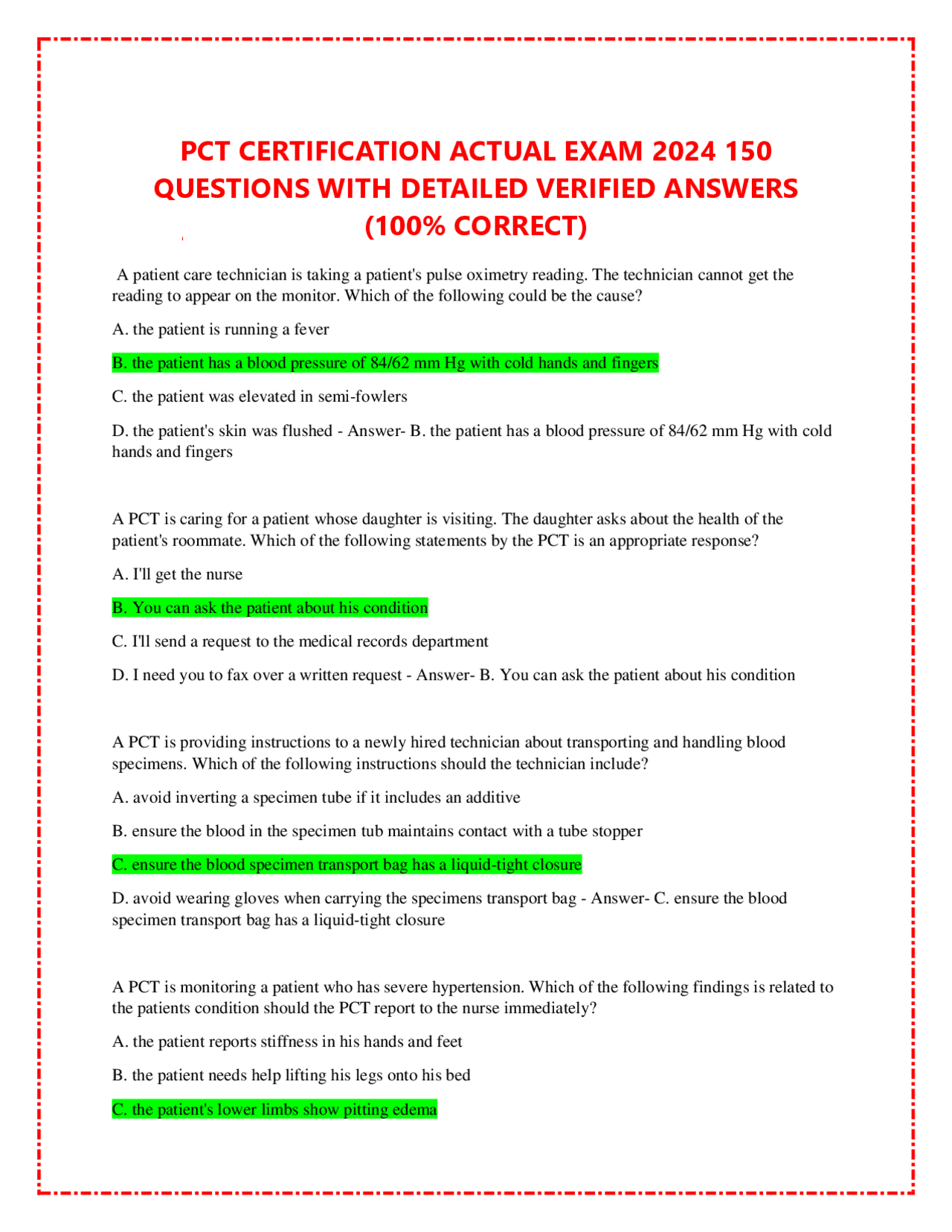 PCT CERTIFICATION ACTUAL EXAM 2024 150 QUESTIONS WITH DETAILED VERIFIED ...