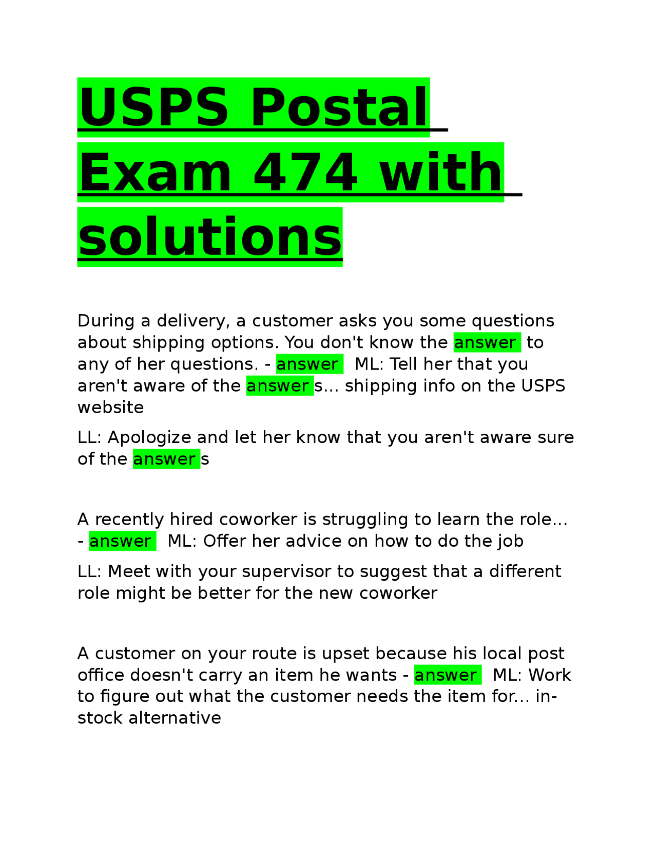 USPS Postal Exam 474 with solutions. | Exams Biology | Docsity