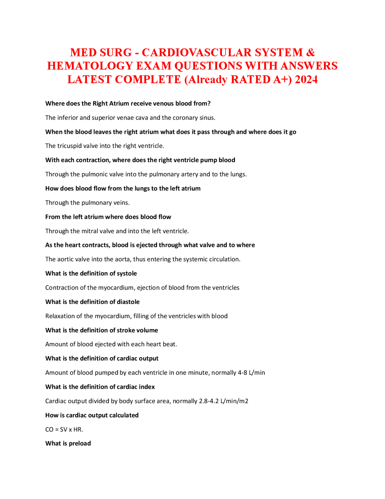 MED SURG - CARDIOVASCULAR SYSTEM & HEMATOLOGY EXAM QUESTIONS WITH ...