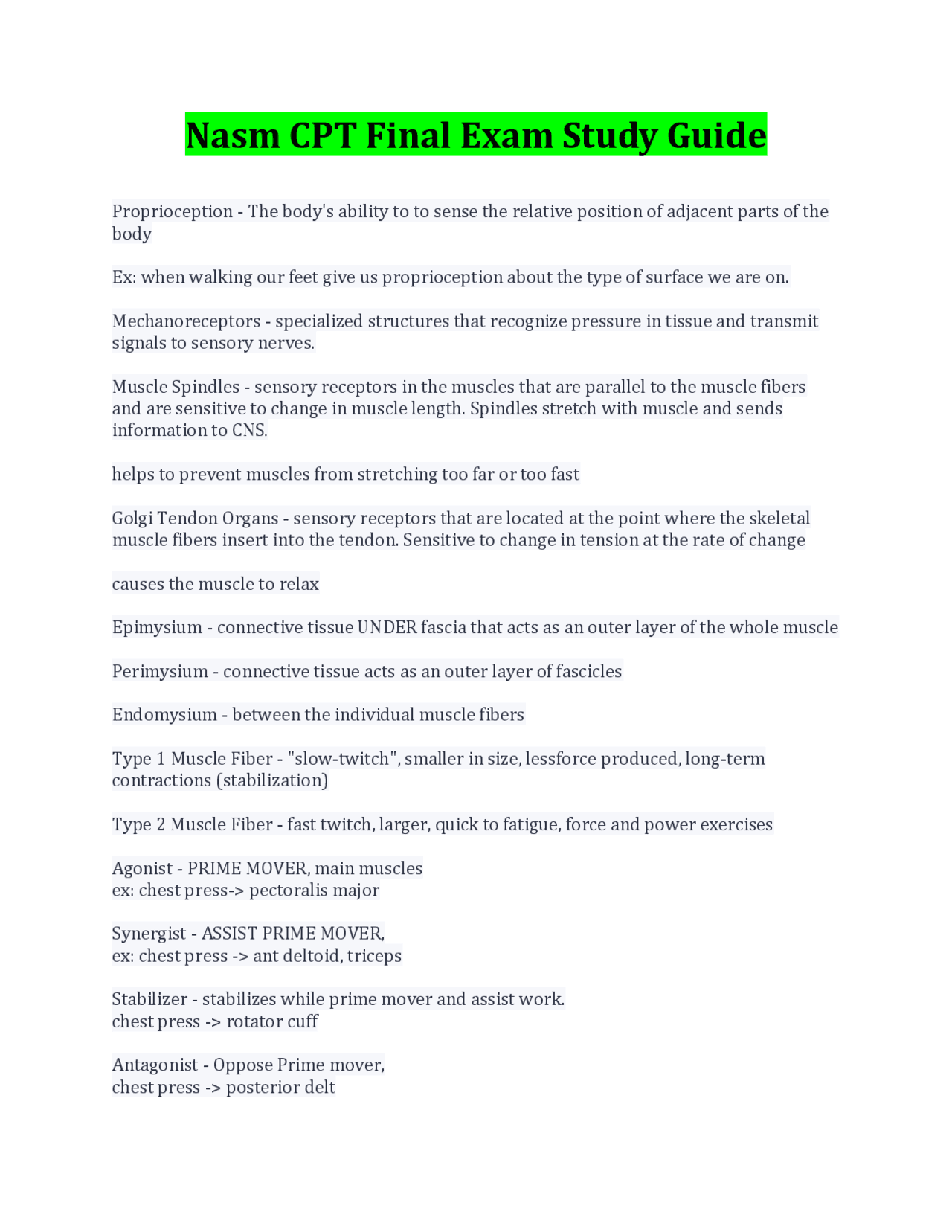 Nasm CPT Final Exam Study Guide: Anatomy, Physiology, Biomechanics, and ...