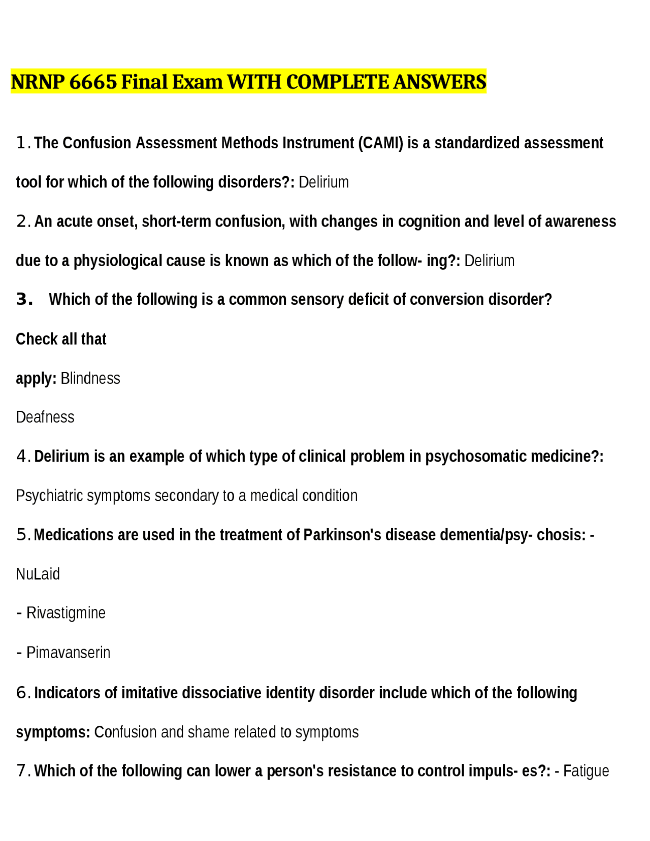 NRNP 6665 Final Exam: Multiple Choice Questions and Answers on Psychiatric Disorders | Quizzes ...