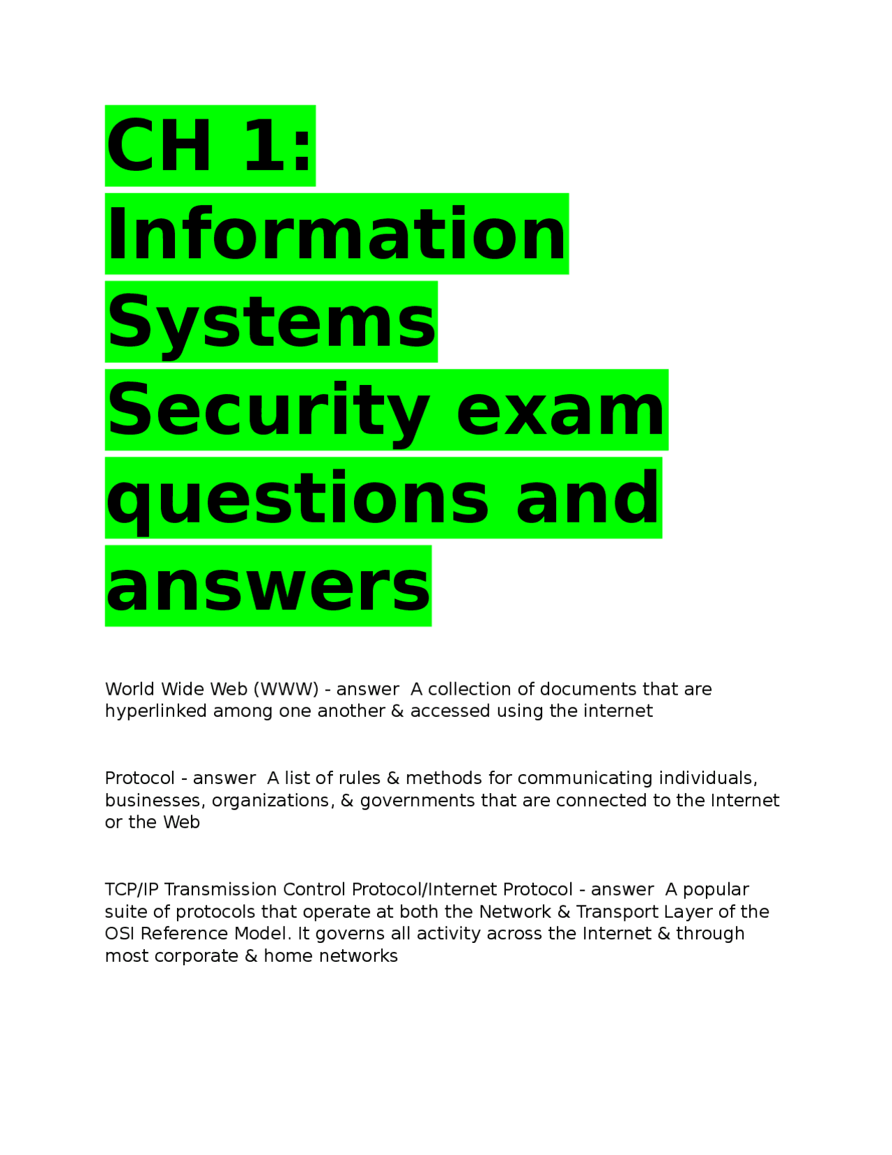 Ch 1 Information Systems Security Exam Questions And Answers Docx Exams Biology Docsity