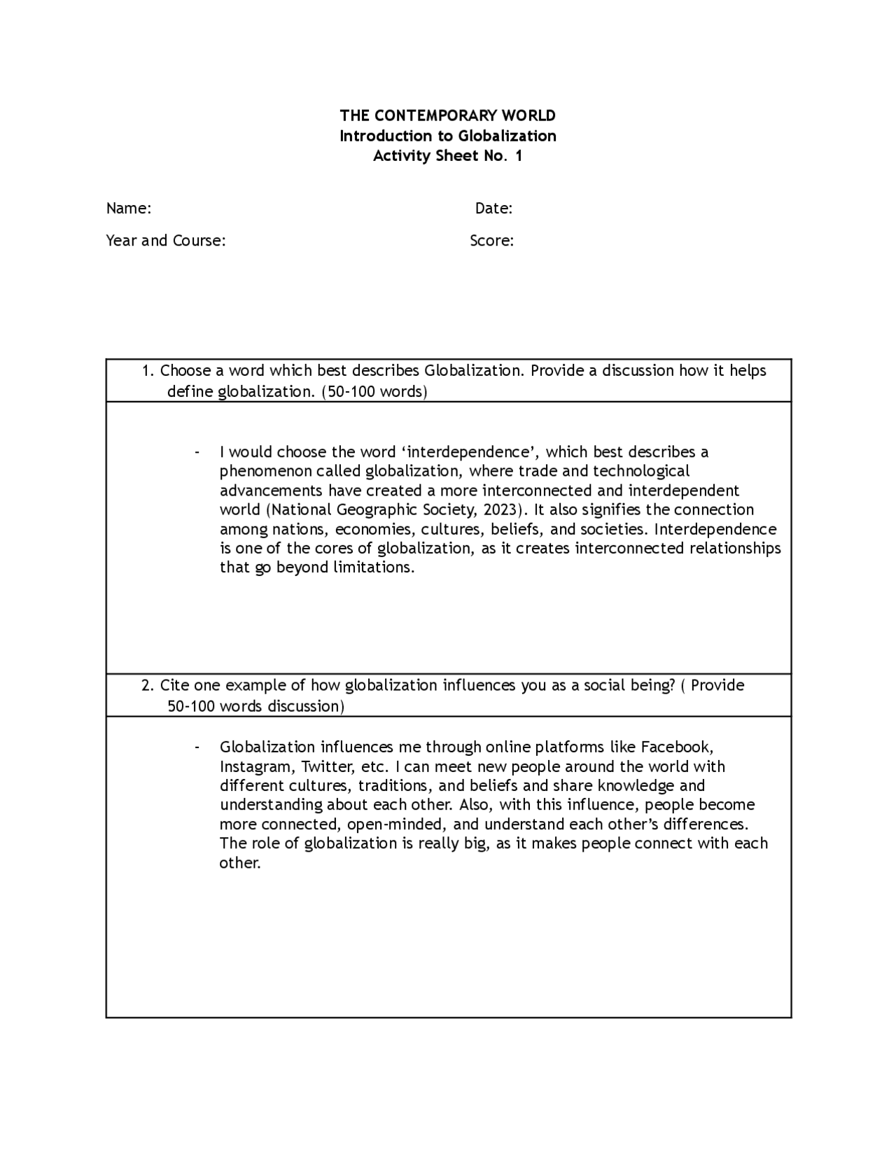 ALL ACTIVITIES w/ ANSWERS - The Contemporary World (TCW) | Exercises ...