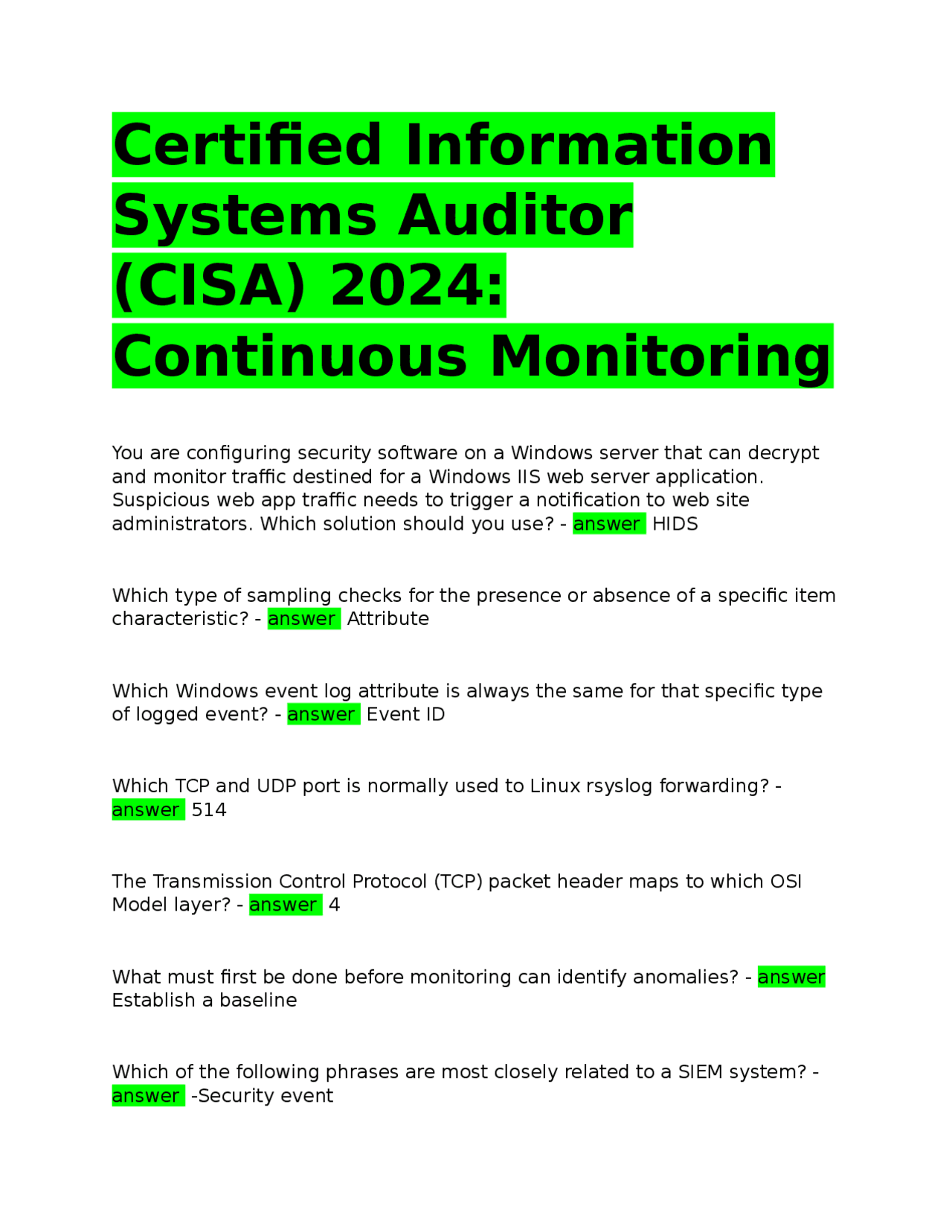 CISA 2024: Continuous Monitoring - Q&A | Exams Biology | Docsity