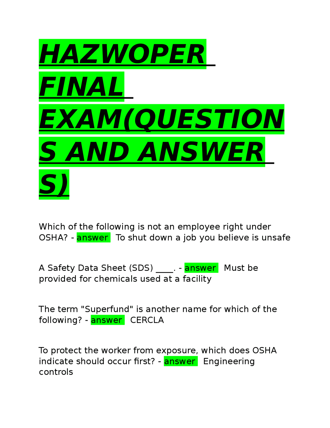 HAZWOPER Final Exam Questions and Answers | Exams Biology | Docsity