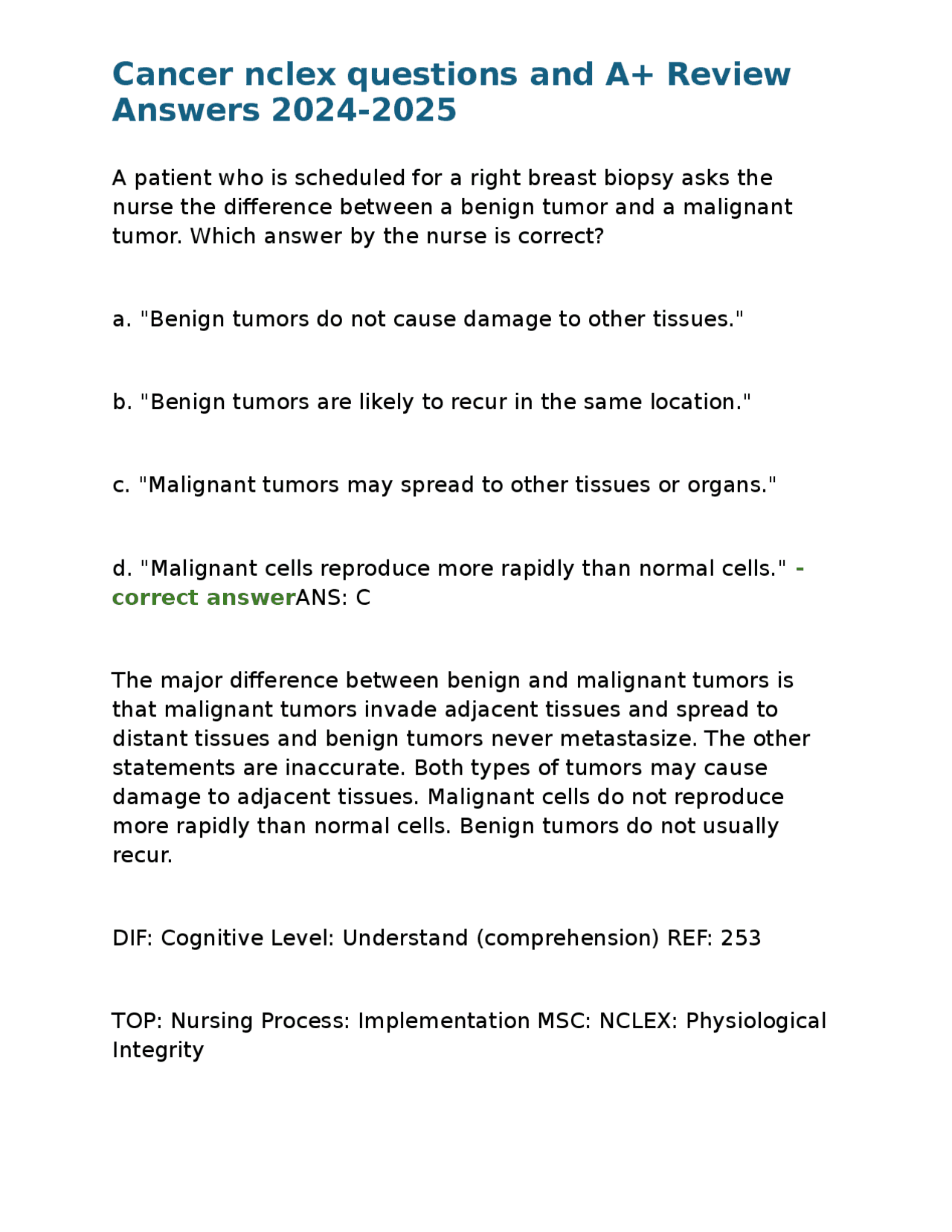 Cancer NCLEX Questions and Answers: A Comprehensive Review for 2024 ...