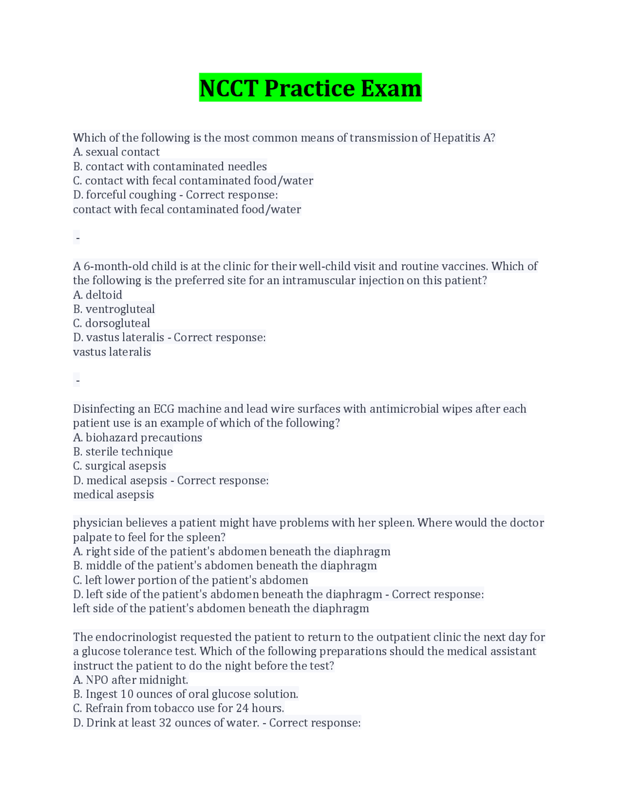 NCCT Practice Exam: Medical Assisting | Exams Health sciences | Docsity