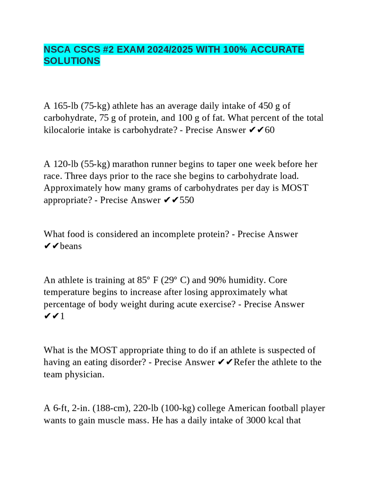 NSCA CSCS #2 Exam 2024/2025: Practice Questions and Answers | Exams ...