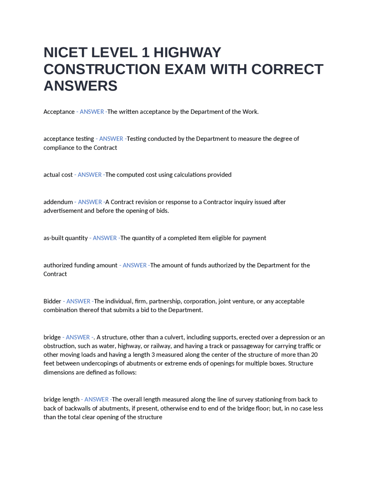 NICET Level 1 Highway Construction Exam Glossary: Definitions and ...