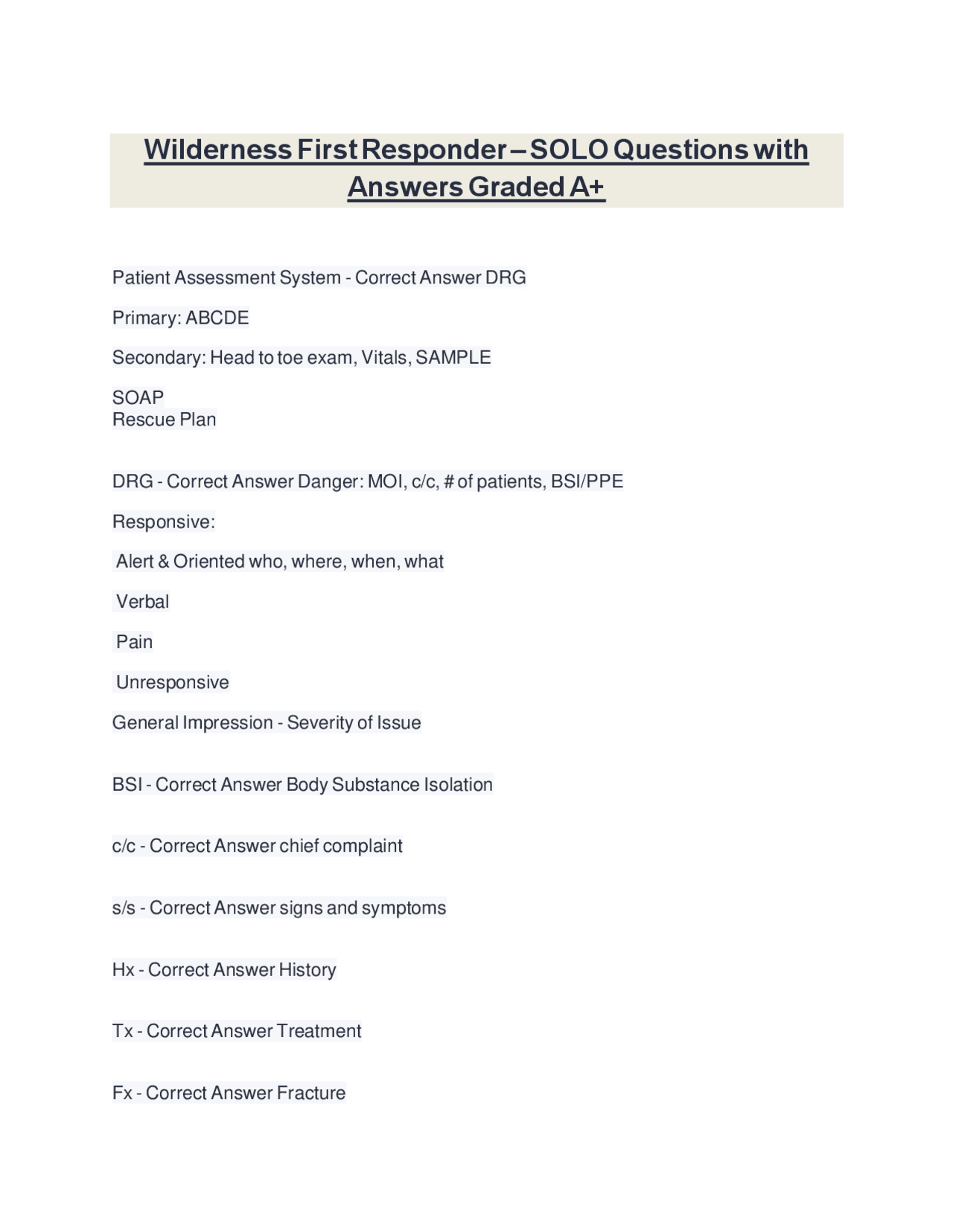 Wilderness First Responder - SOLO Questions and Answers | Exams Nursing ...