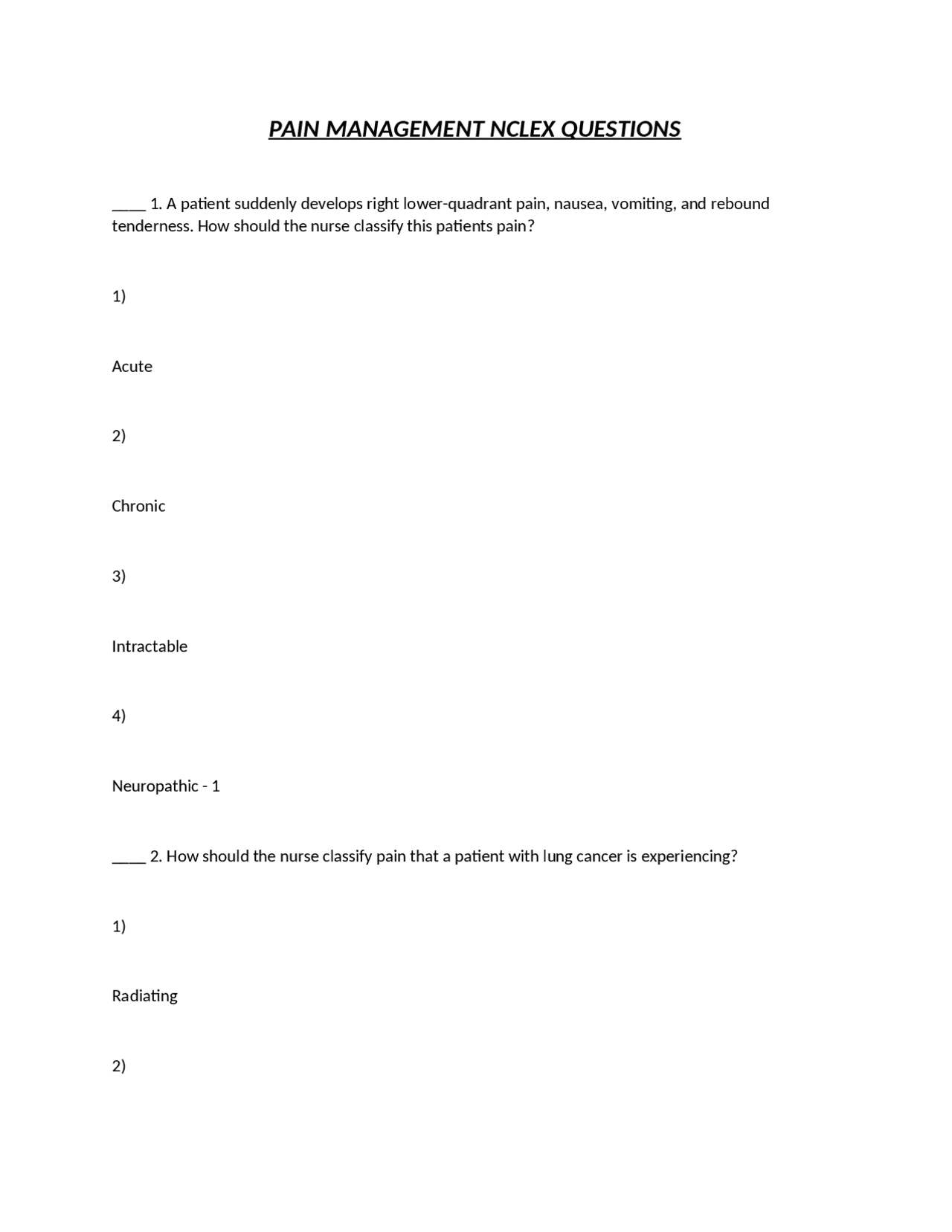PAIN MANAGEMENT NCLEX QUESTIONS | Exams Advanced Education | Docsity