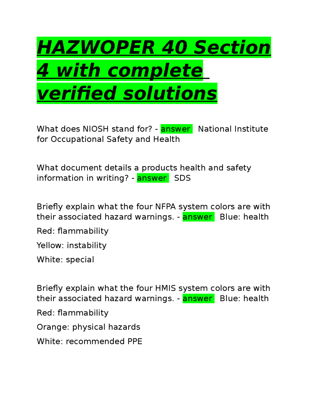 HAZWOPER 40 Section 4 with complete verified solutions.docx | Exams ...