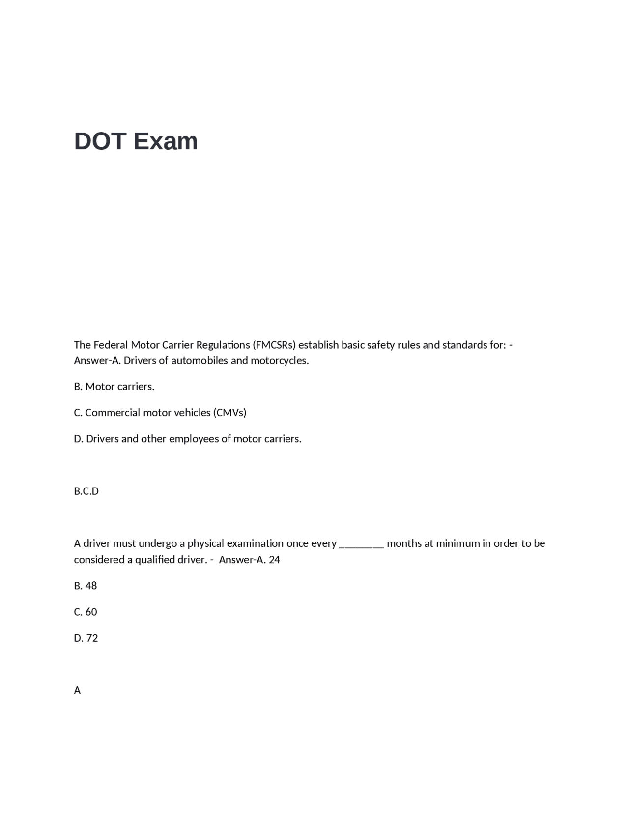 DOT Exam: Questions and Answers for Commercial Motor Vehicle Drivers ...
