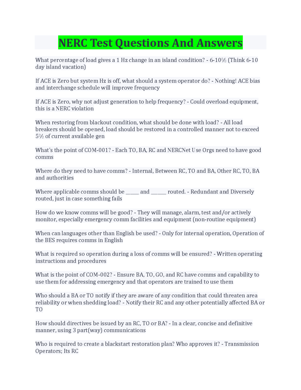 NERC Test Questions And Answers | Exams Health sciences | Docsity