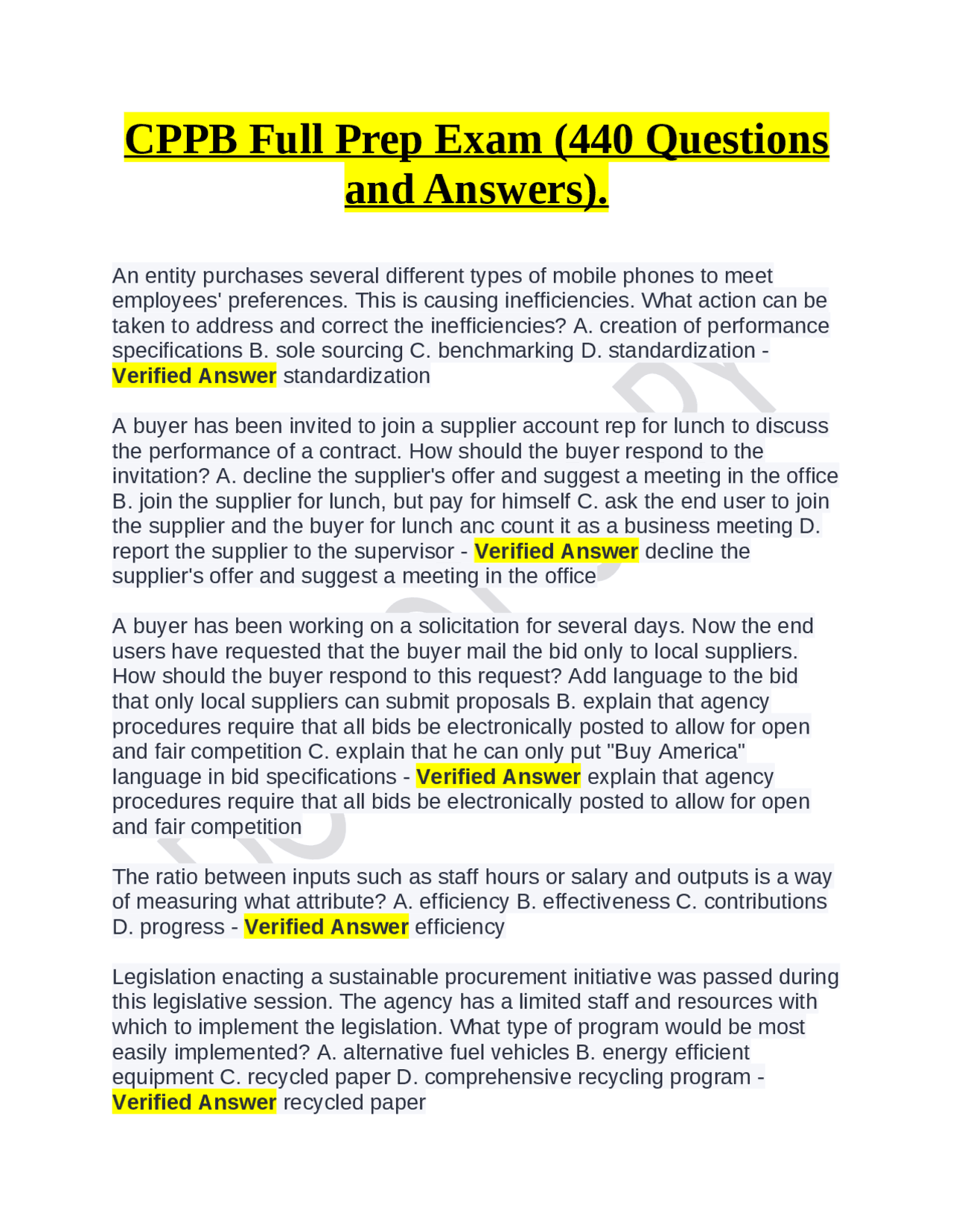 CPPB Full Prep Exam (440 Questions and Answers) | Exams Medicine | Docsity