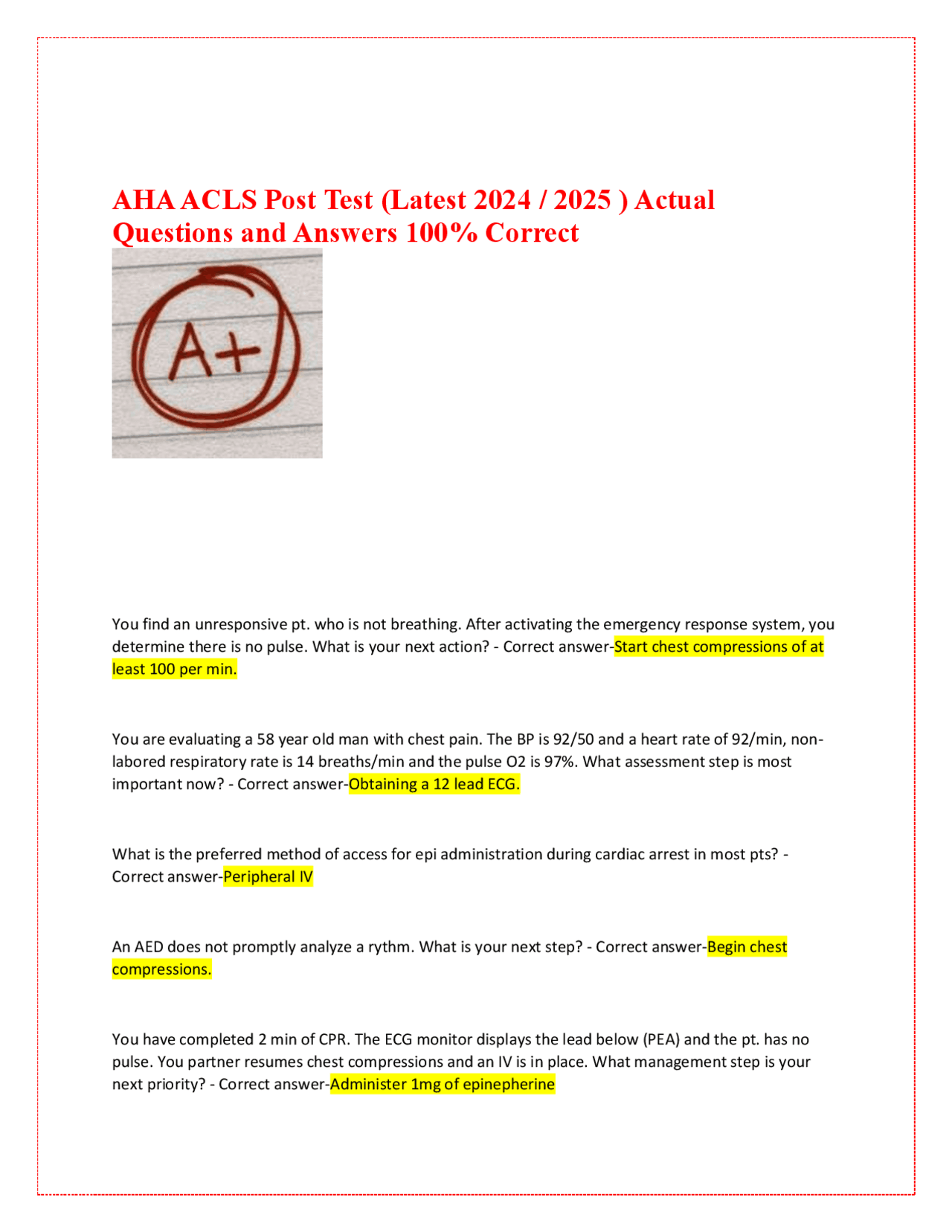 AHA ACLS Post Test (Latest 2024 / 2025 ) Actual Questions and Answers ...