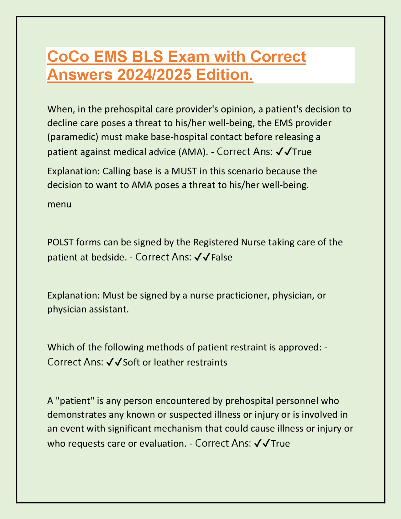 CoCo EMS BLS Exam with Correct Answers 2024/2025 Edition. | Exams ...