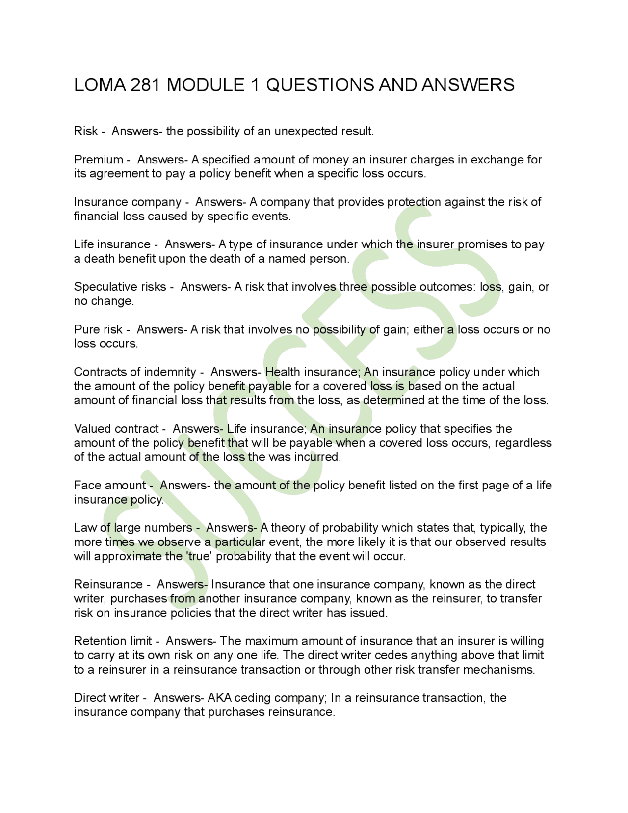 LOMA 281 MODULE 1 QUESTIONS AND ANSWERS | Exams Social Sciences | Docsity