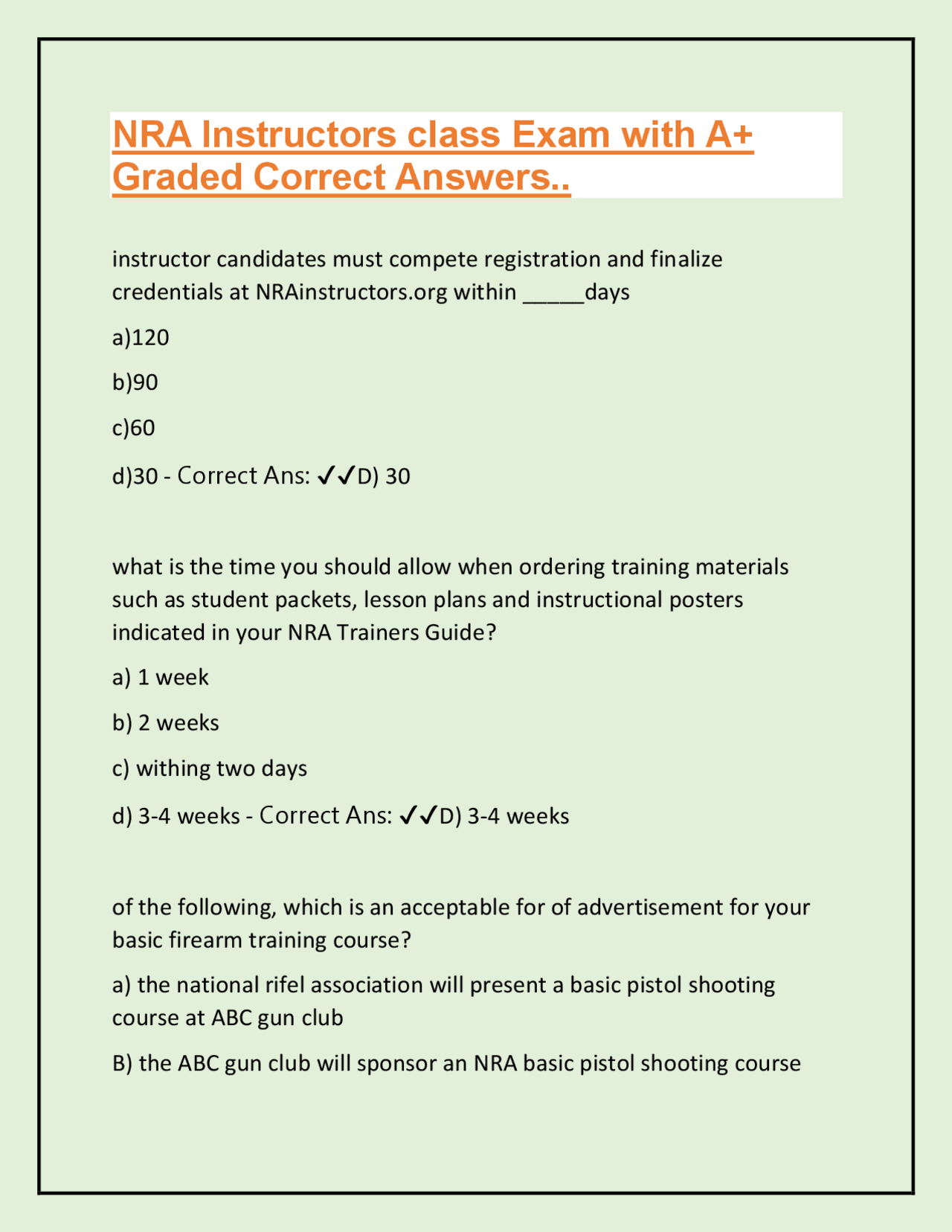NRA Instructors class Exam with A+ Graded Correct Answers.. | Exams ...