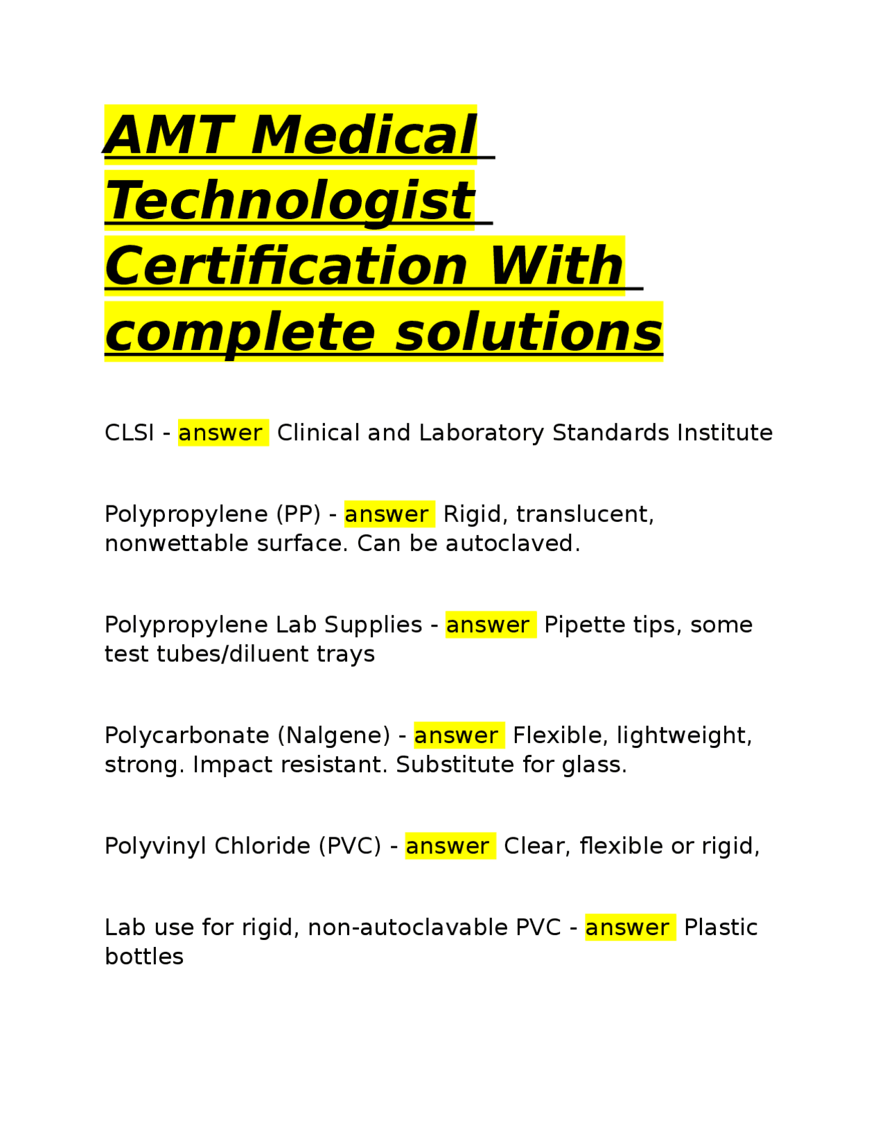 AMT Medical Technologist Certification With complete solutions.docx ...