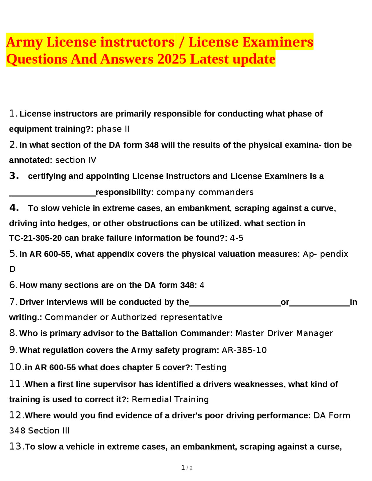 Army License instructors / License Examiners Questions And Answers 2025 ...