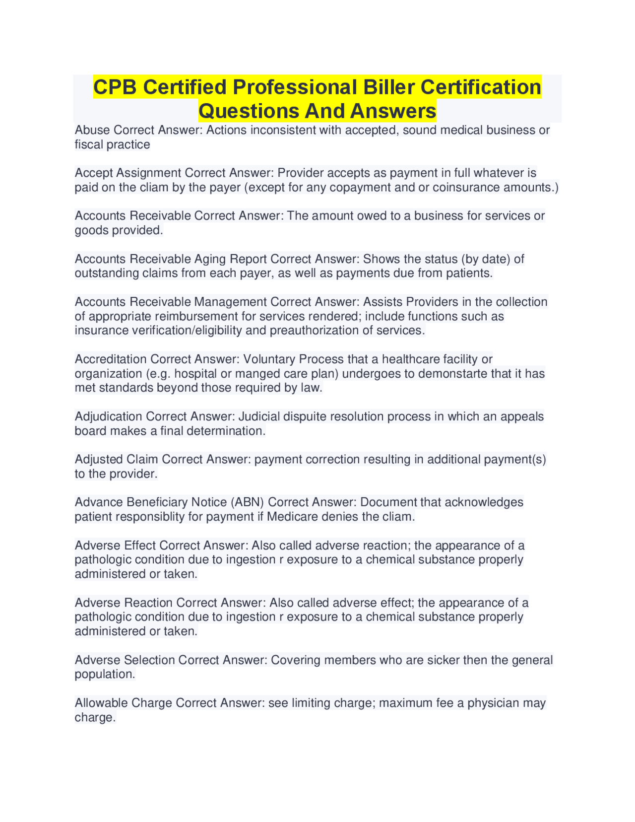CPB Certified Professional Biller Certification Questions And Answers | Exams Accounting | Docsity