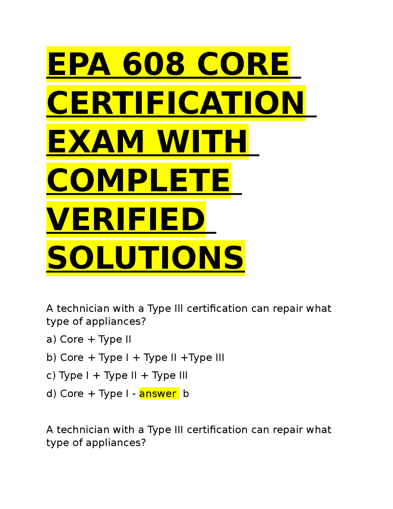 EPA 608 Core Certification Exam with Complete Verified Solutions ...