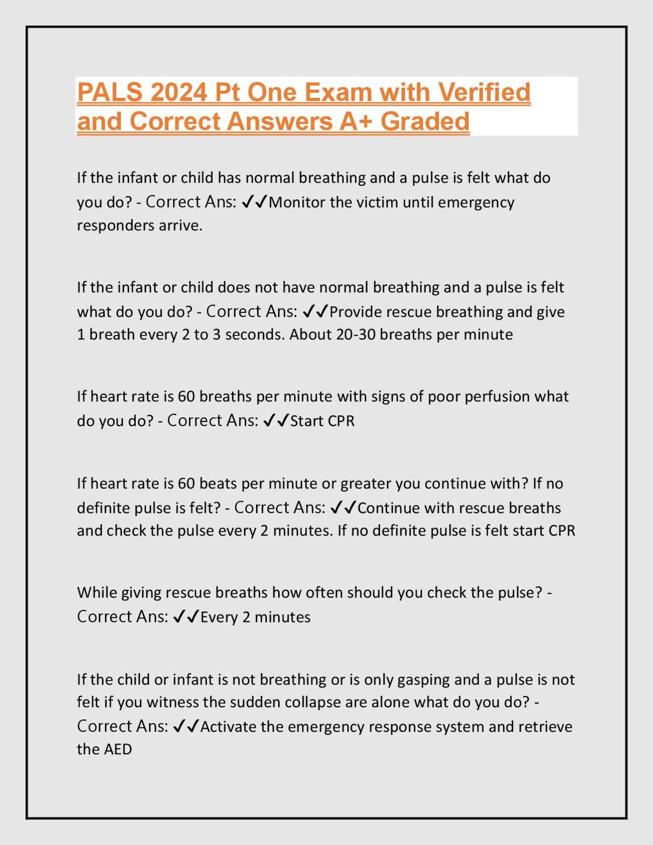 PALS 2024 Pt One Exam: Questions and Answers | Exams Cardiology | Docsity