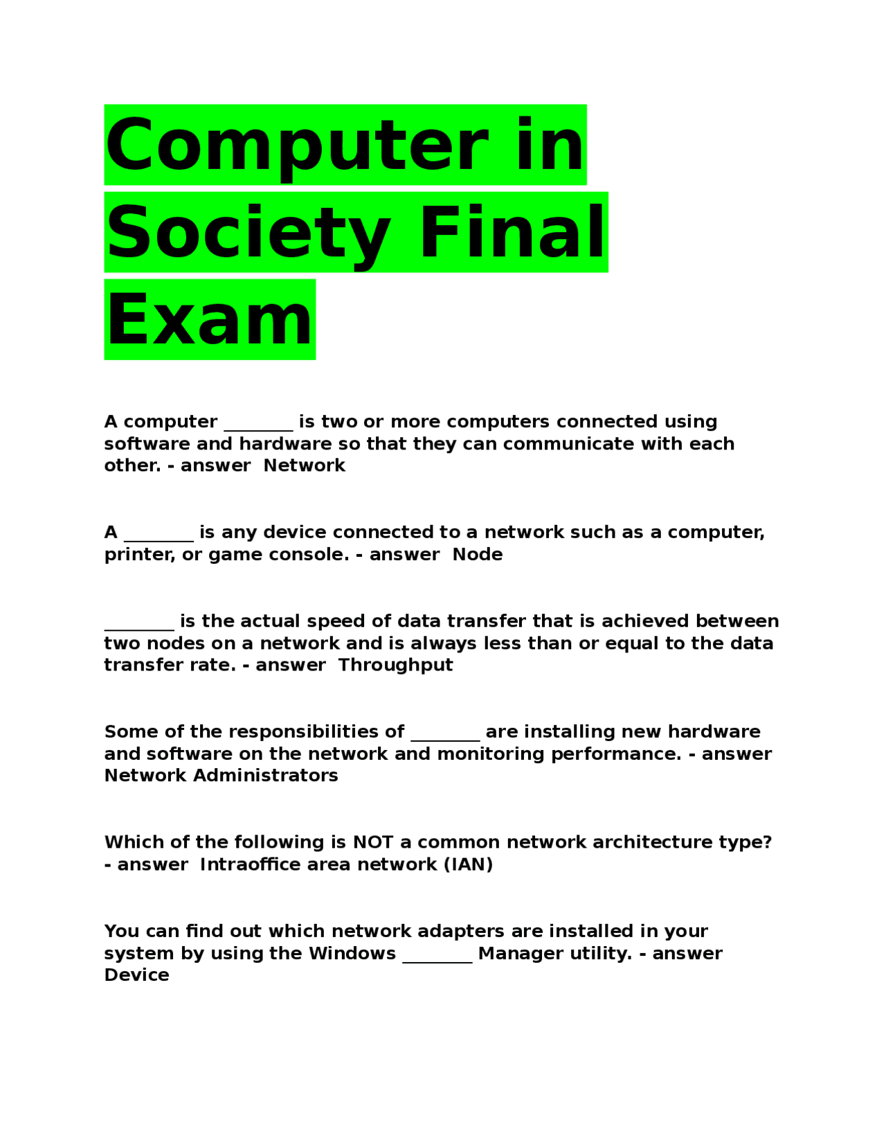 Computer in Society Final Exam: Networking Concepts and Terminology ...